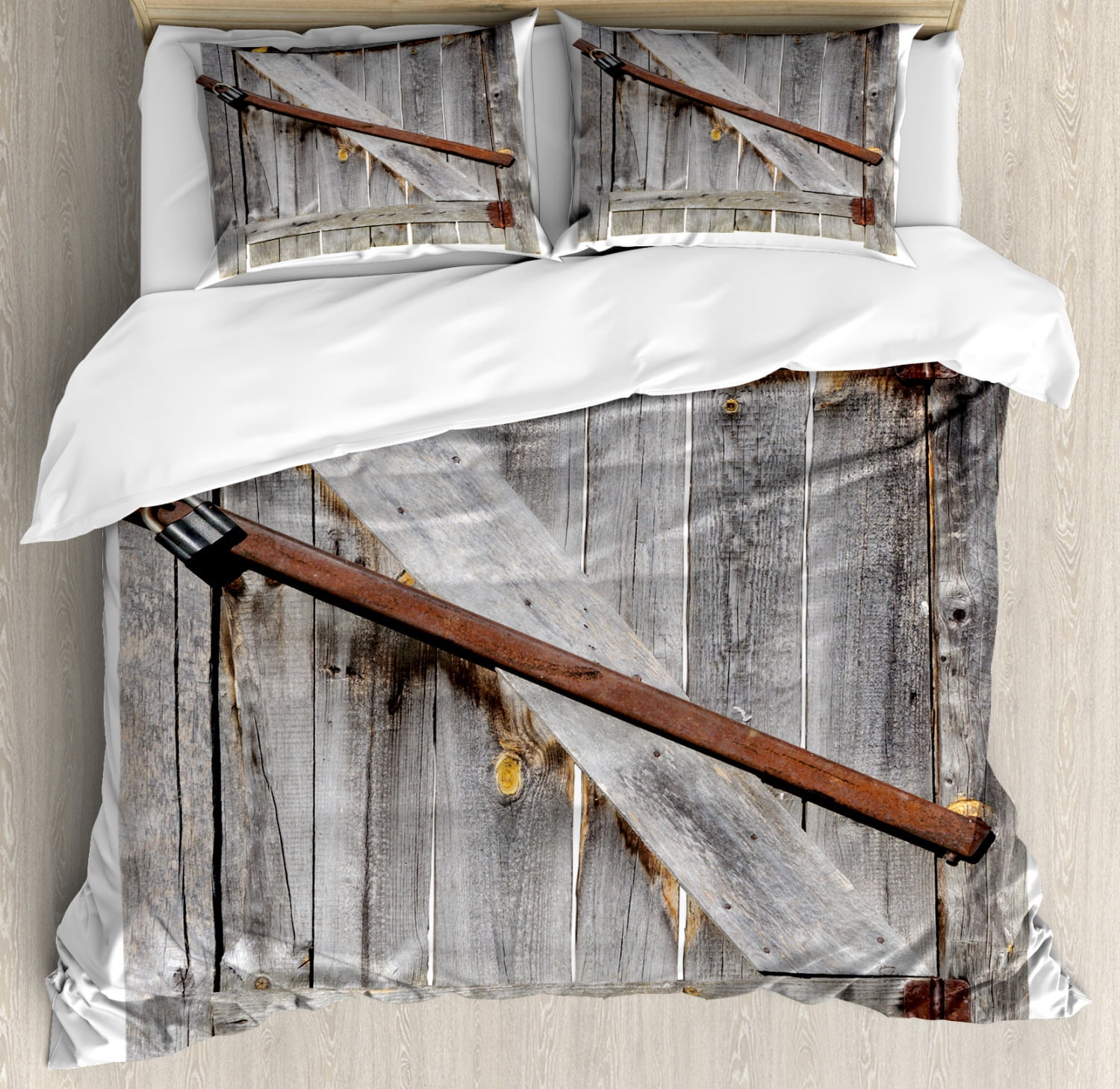 Rustic Duvet Cover Set King Size, Aged Wood Barn Door with Rusty ...