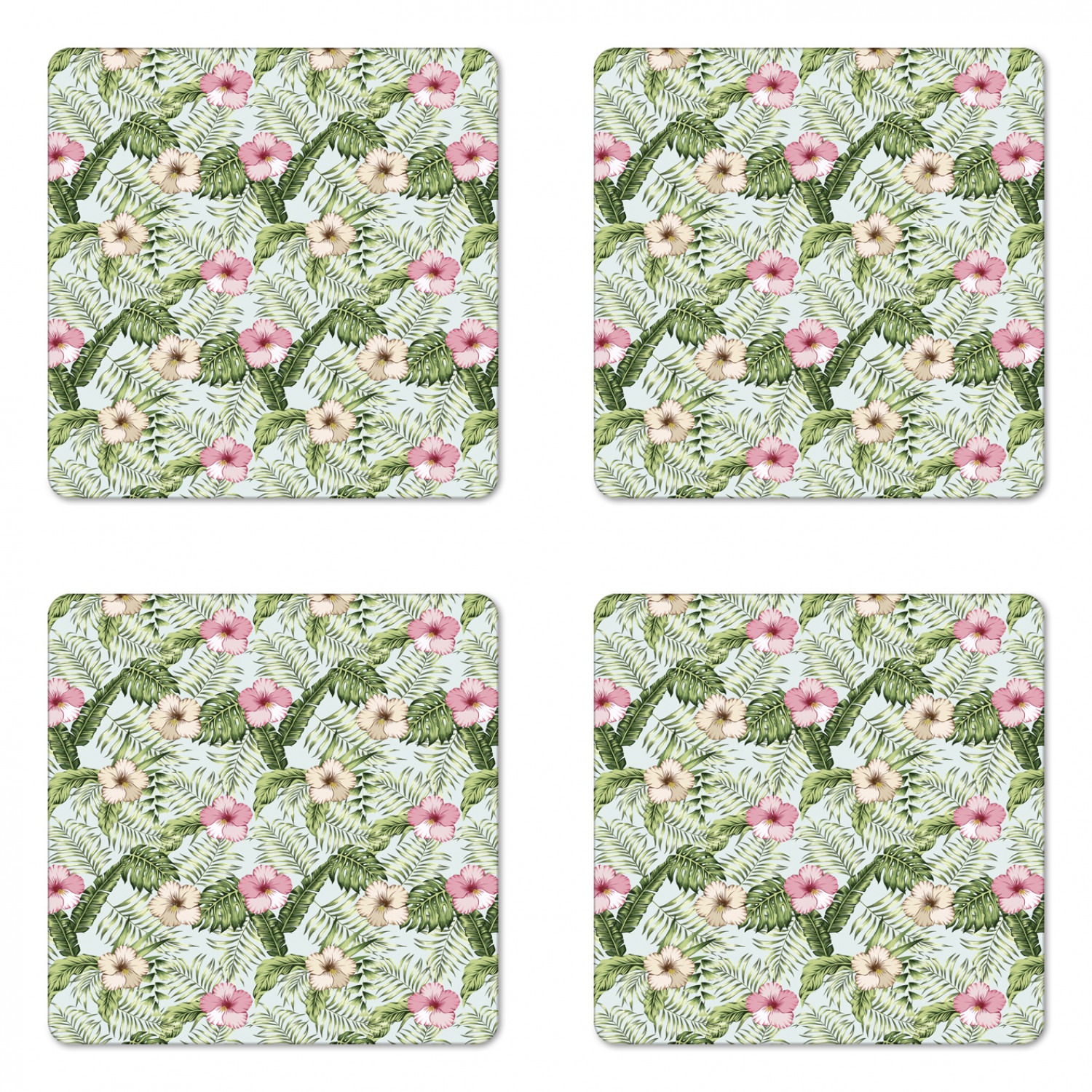Exotic Coaster Set of 4, Botanical Theme Tropical Pinkish Flowers ...