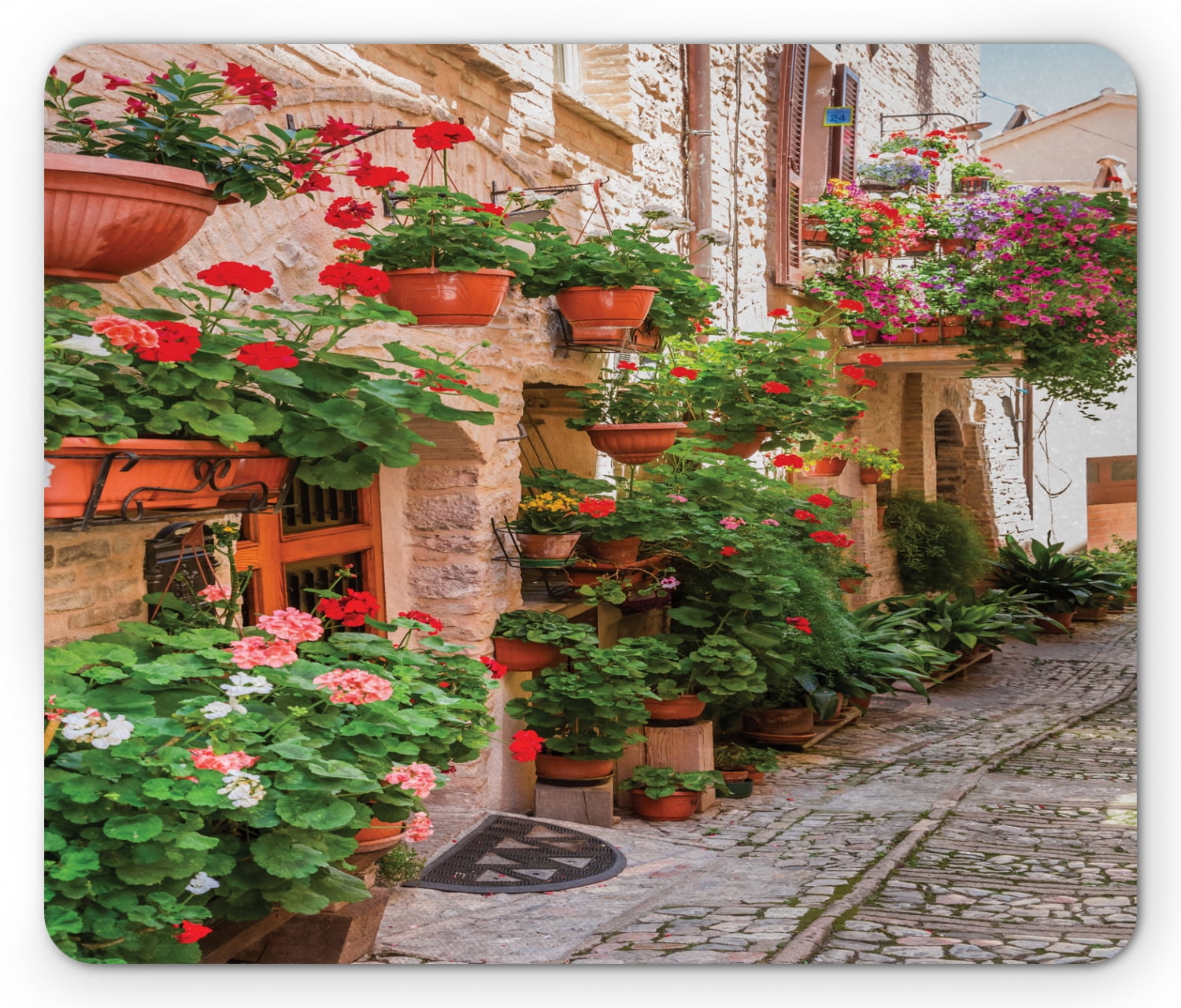 Italian Mouse Pad, Street View of a Small Renaissance Town with Floral ...