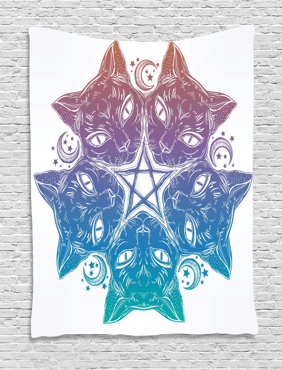 Pentacle Tapestry, Heads of Black Cats Forming a Mandala Design with ...