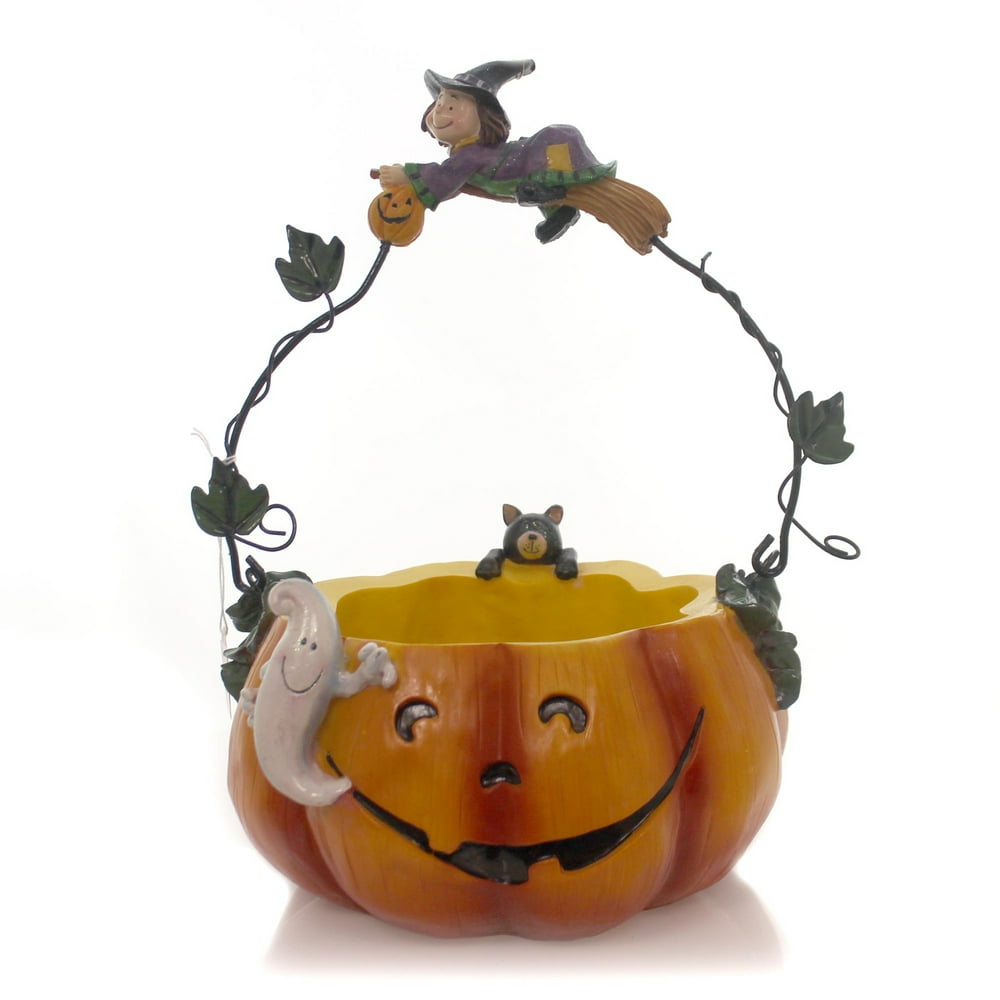 Tabletop PUMPKIN CANDY BOWL W/HANDLE Polyresin Witch Ghost Halloween ...