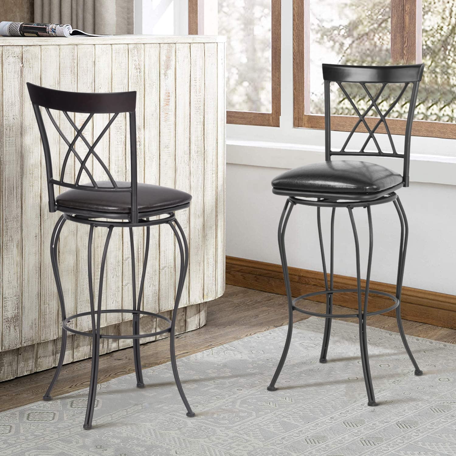 Vintage Bar Stools Set of 2, Retro Height Adjustable Bar Chairs with ...