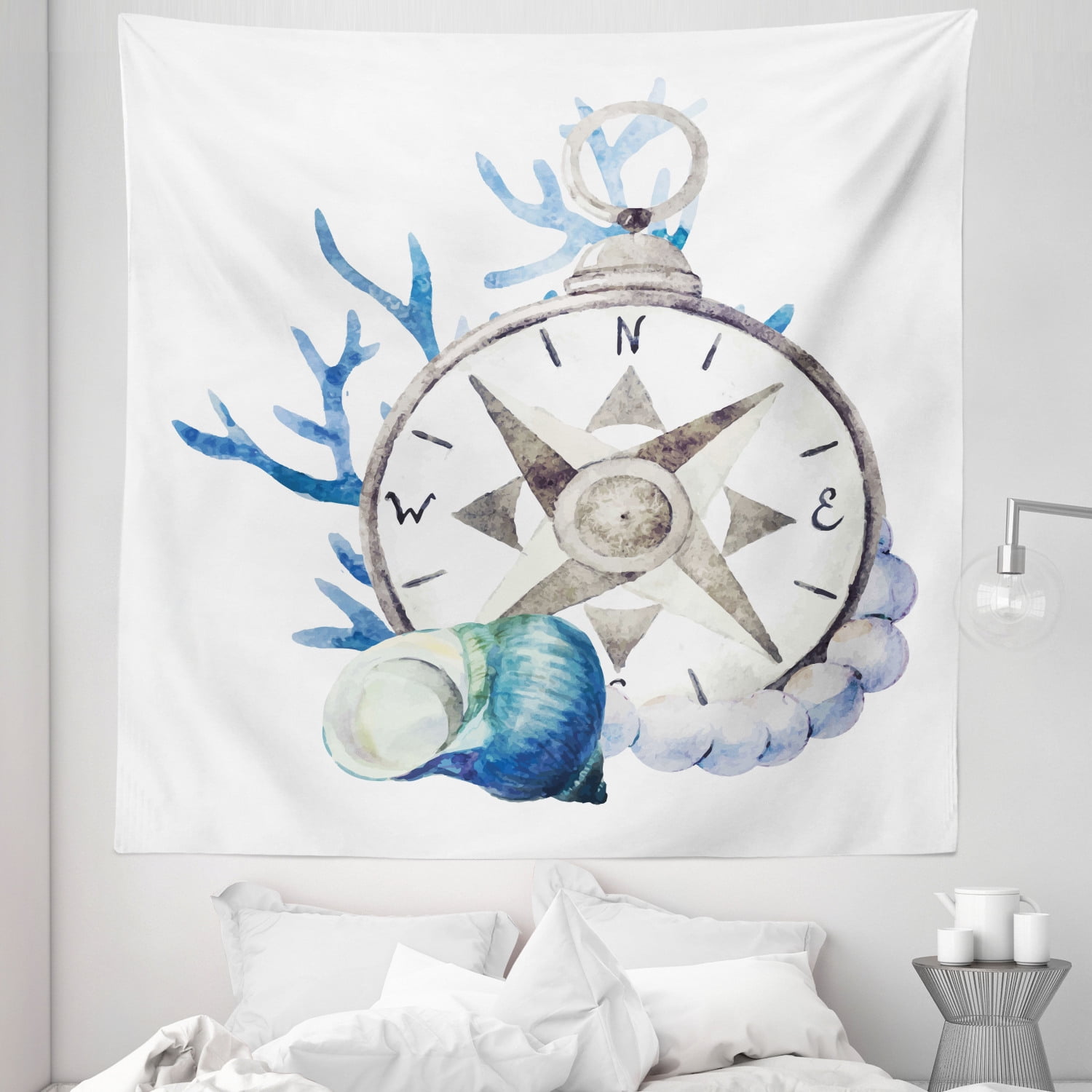 Compass Tapestry, Watercolor Marine Life Theme Seashell Compass ...
