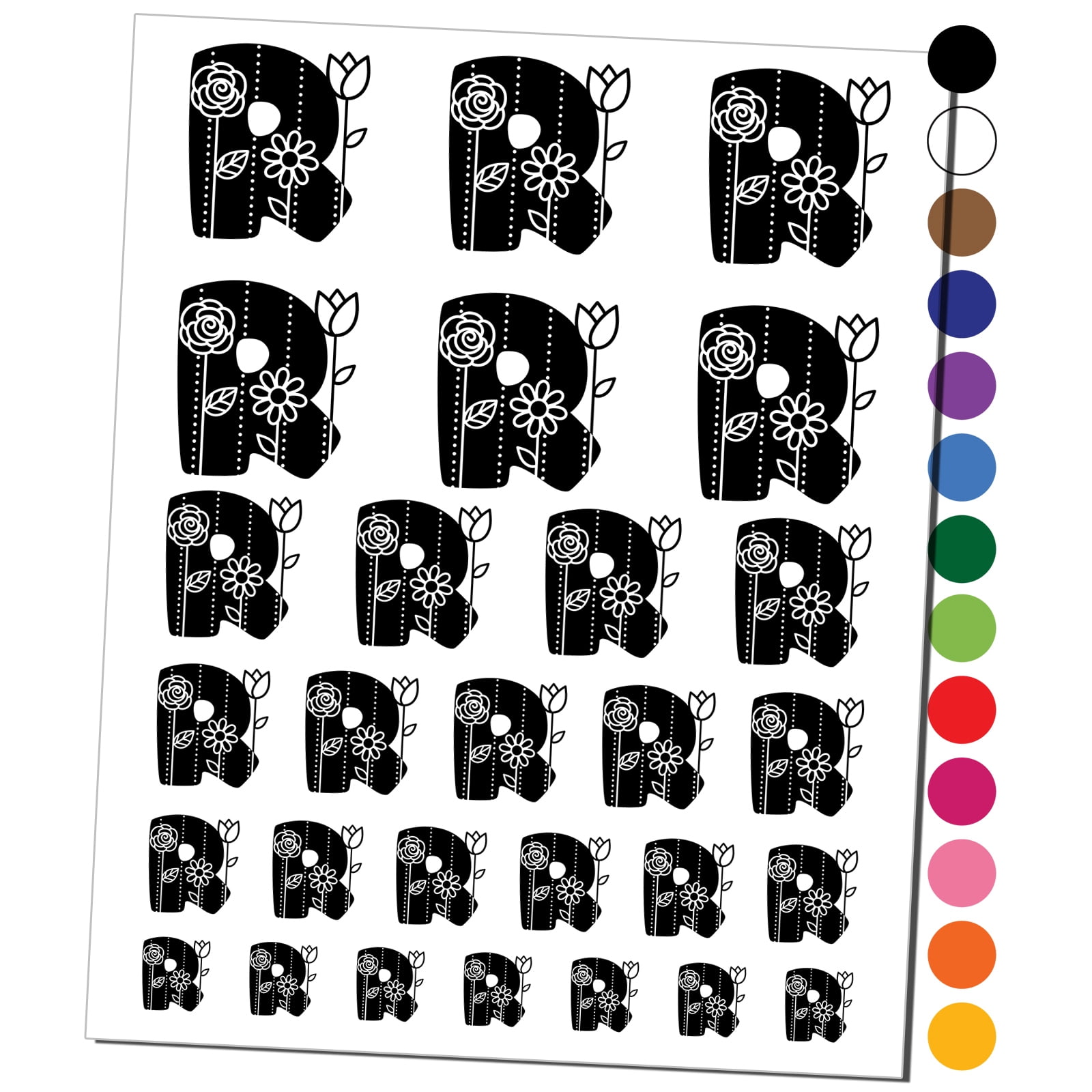 Sweet and Cute Flowers Rounded Block Letter R Water Resistant Temporary ...