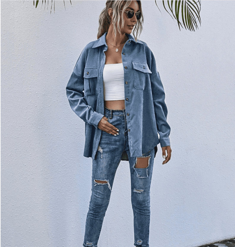 Contrast Button Up Flap Pocket Long Sleeve Overshirt for Women ...