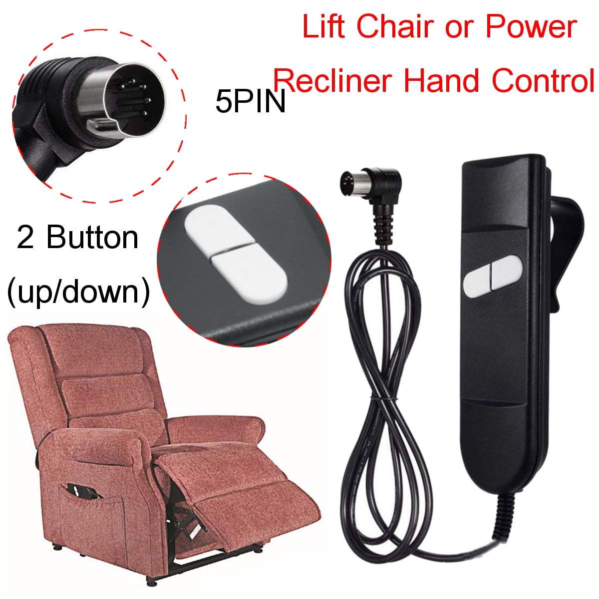 2 Button 5 Pin Lift Chair Sofa Hand Controller Remote Power Recliner ...