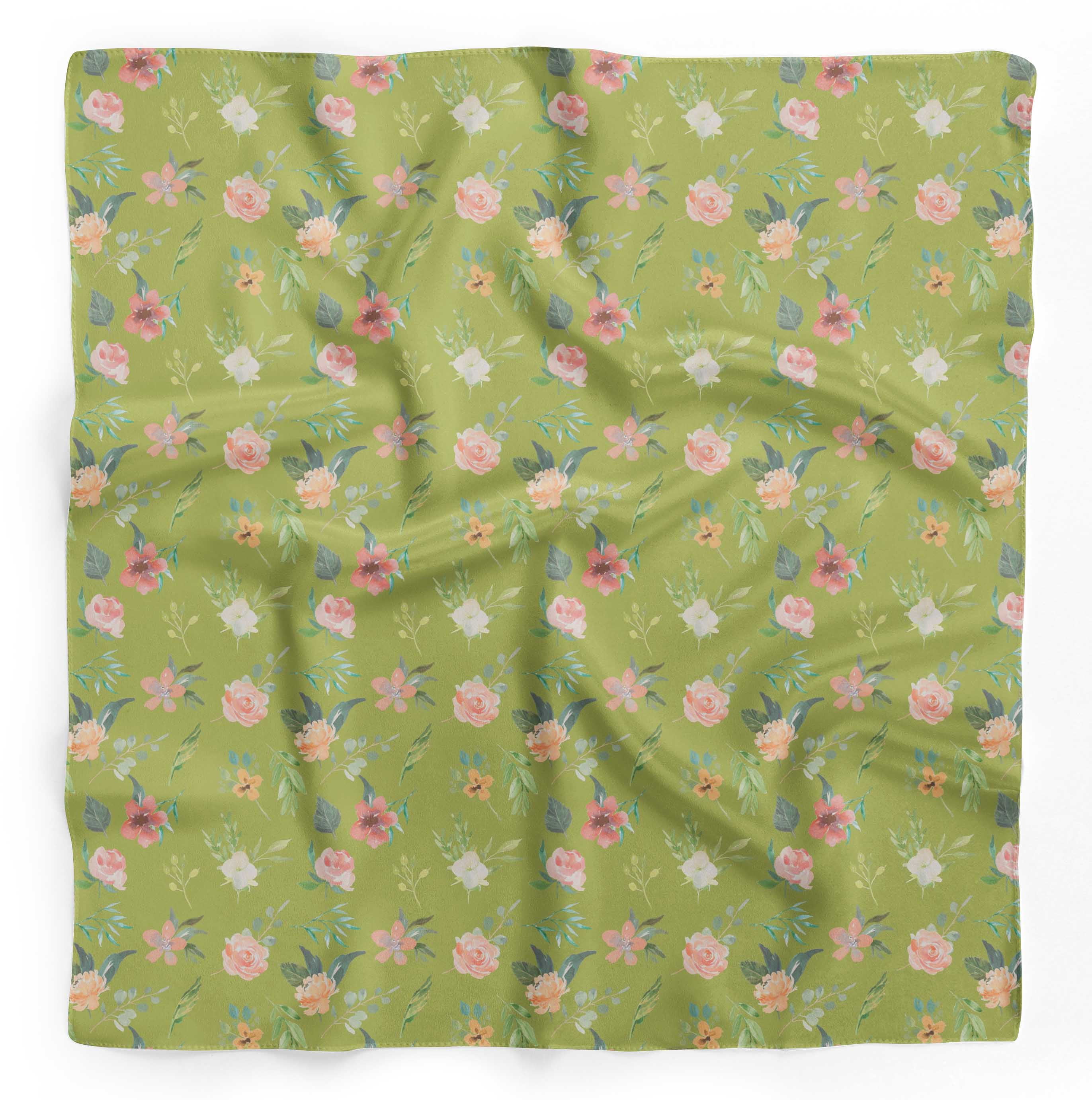 Bimba Green Rose Flower Watercolor Printed Pure Silk Scarf For Hair ...