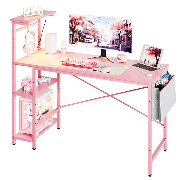 Bestier 52 inch Gaming Computer Desk with LED Lights & Shelves Pink ...