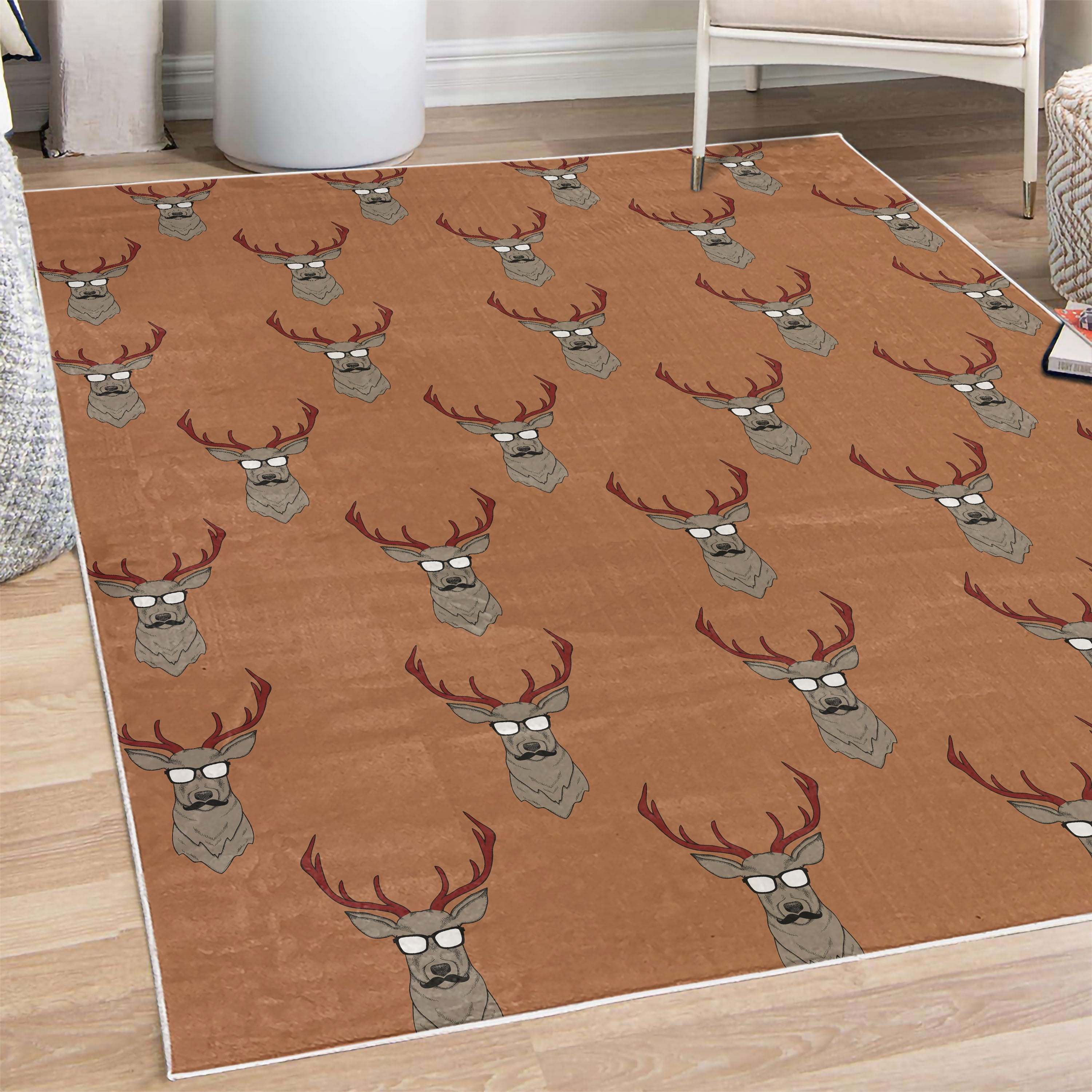 Deer Decorative Rug, Hipster Inspired Antlers Glasses Mustaches Funny ...