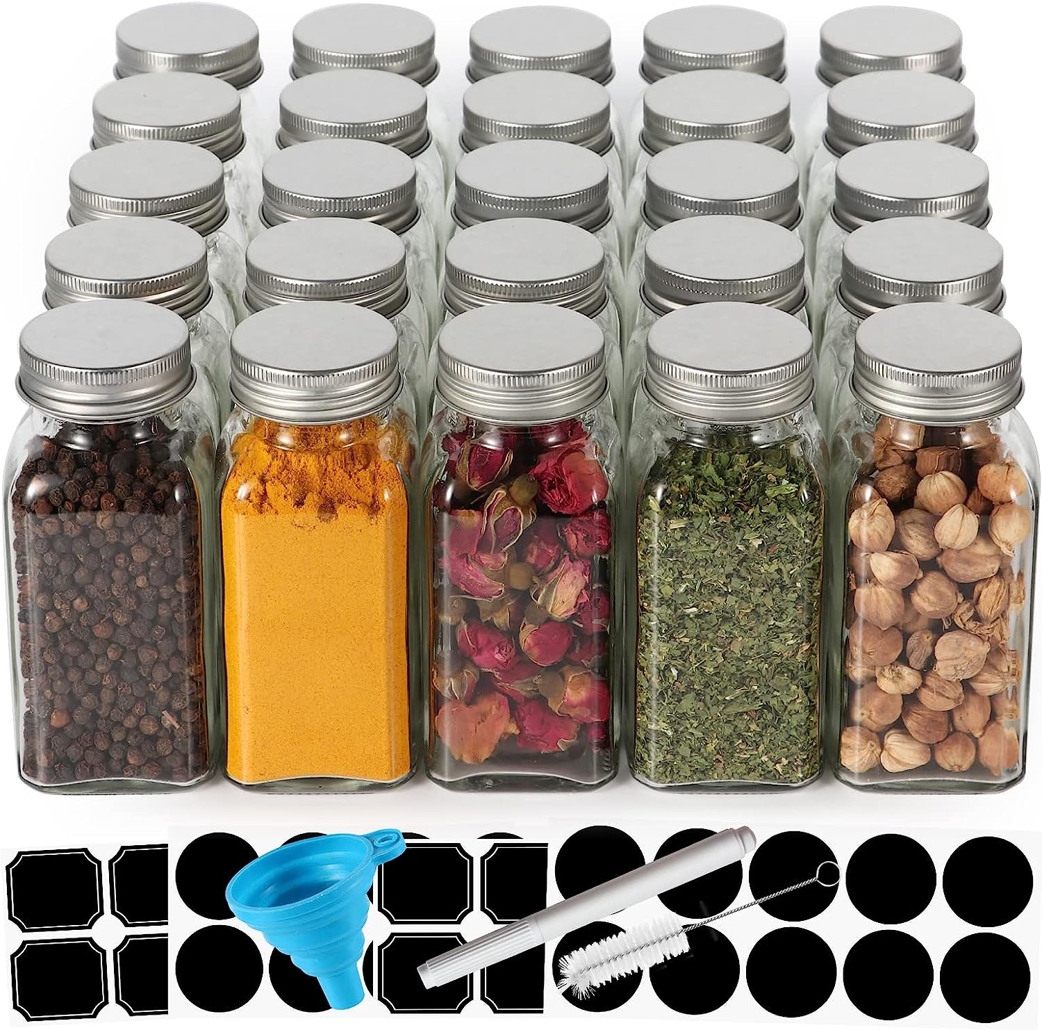6 oz Glass Spice Jars Bottles,25 Pack Empty Spice Jars with Shaker Lids and Labels,180ml Square ...