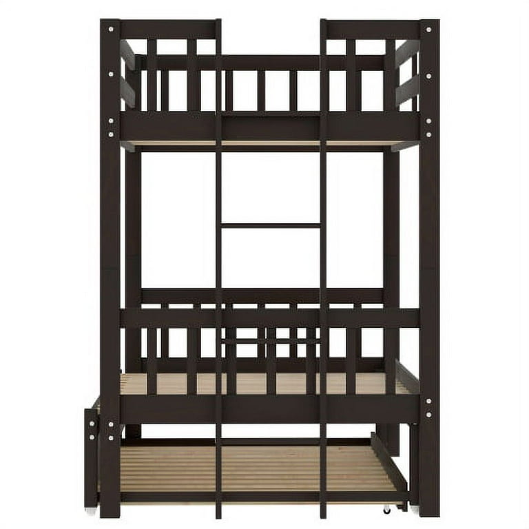 Twin Over Twin King Pull Out Bunk Bed with Trundle Solid Wood Bunk Bed Frame Convertible into Two Twin Size Beds Extendable Bunk Bed with Ladder