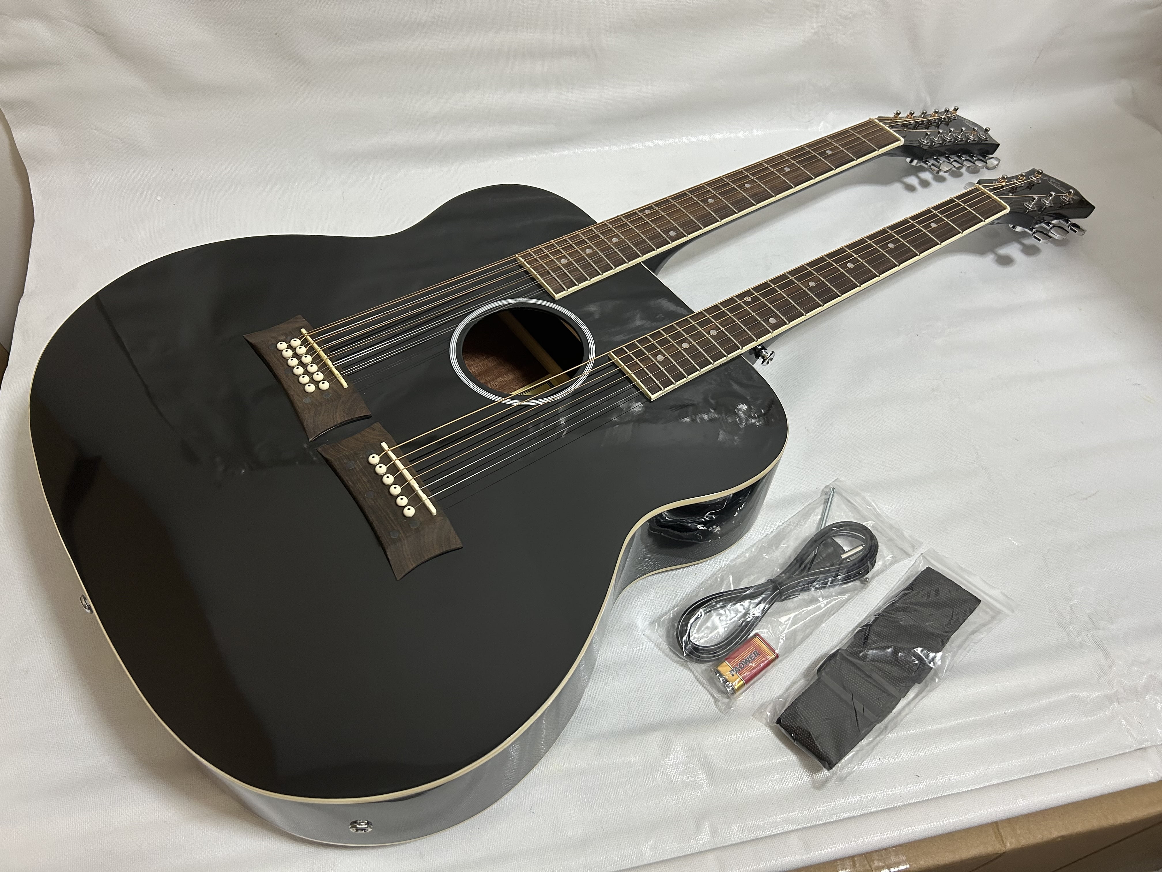 Brand New 6/12 String Black Acoustic Electric Double Neck Guitar with Case; Maple Neck, Rosewood ...