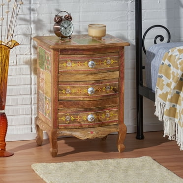 GDF Studio Valdosta Boho Handmade Mango Wood Nightstand with 3 Drawers ...
