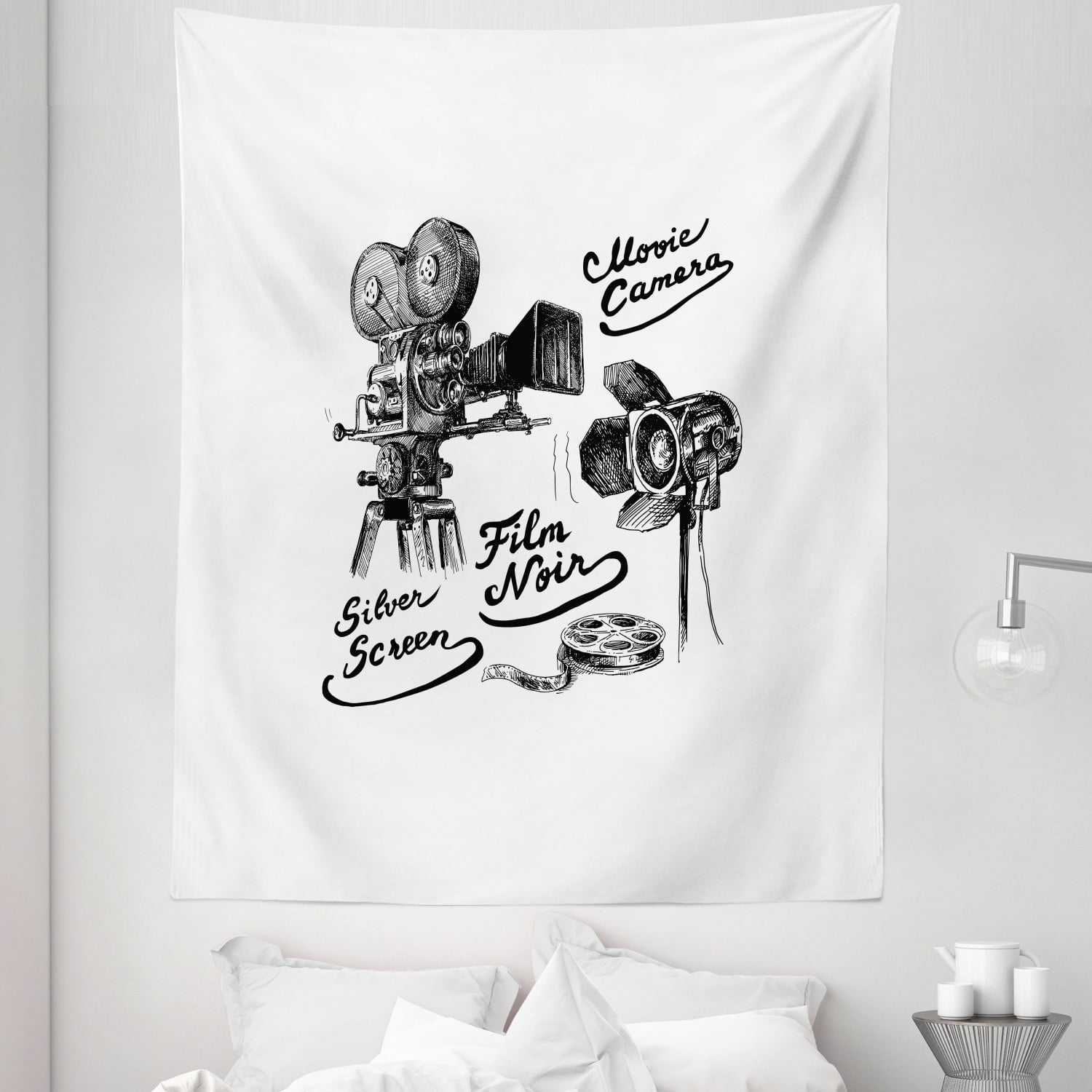 Movie Theater Tapestry, Cinematography Themed Art with Old Camera and ...