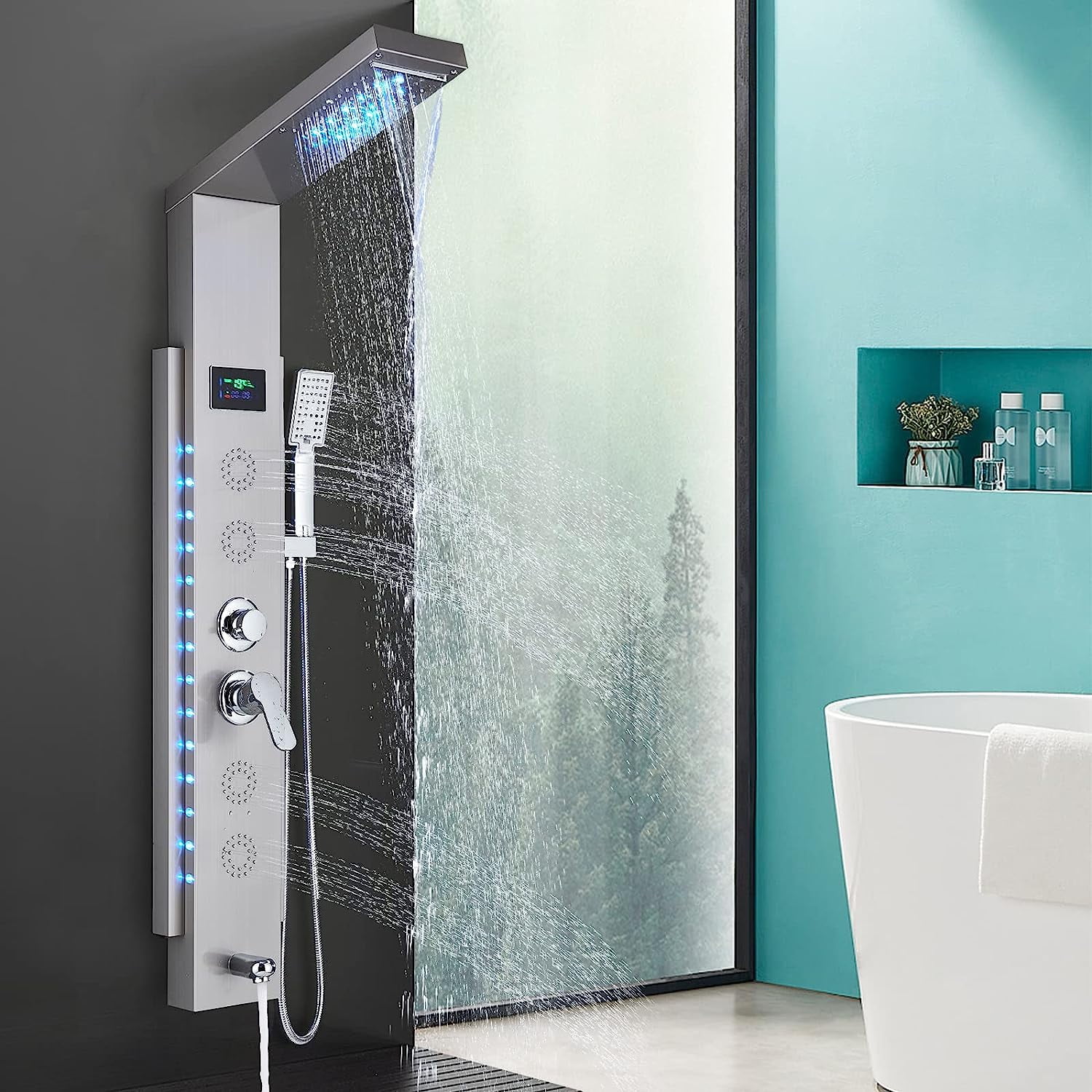 Shower panel with 4 massage nozzles, LED water temperature indicator ...