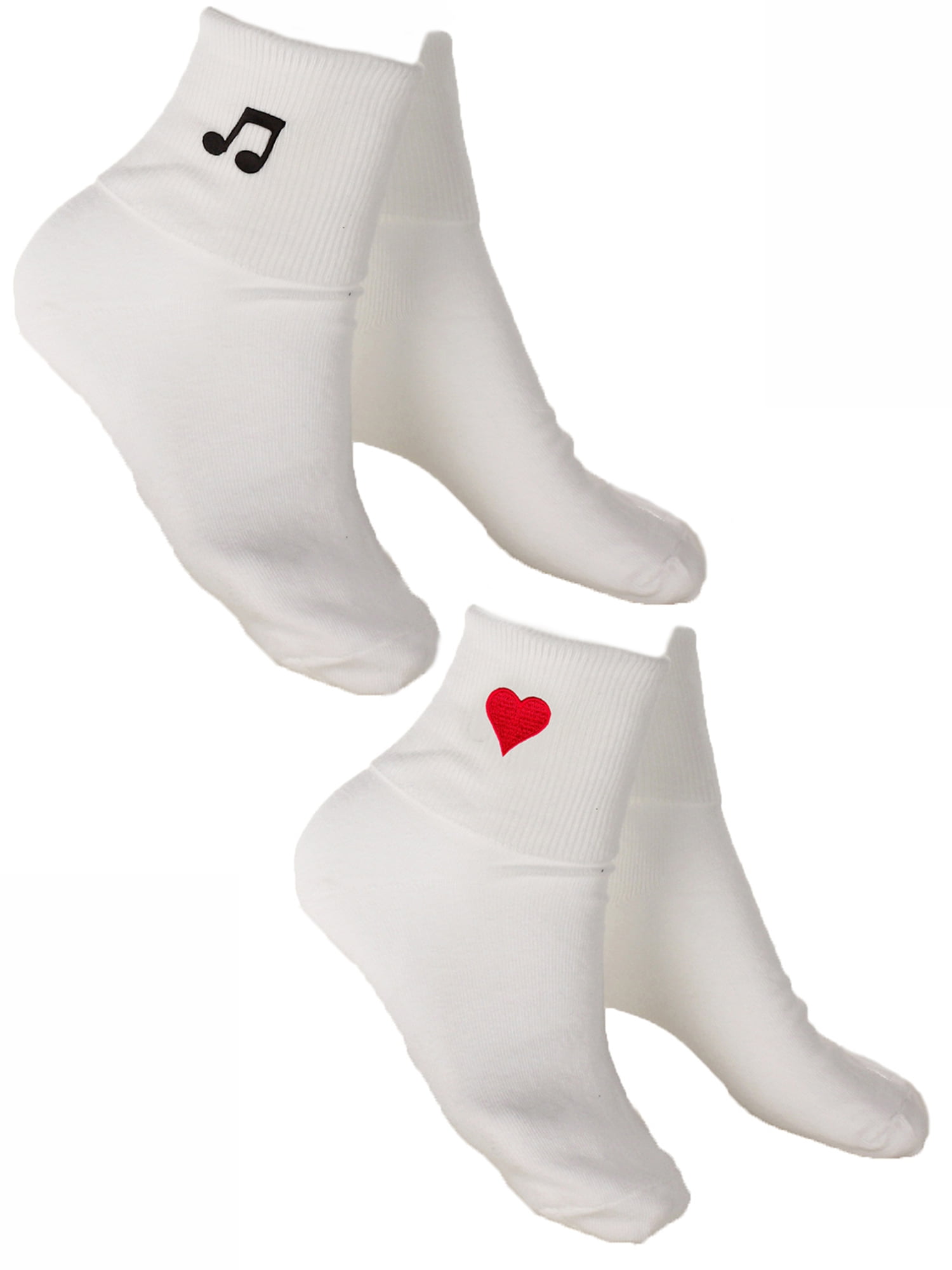 2 Pair White Bobby Socks w Heart & Music Appliques - Womens Socks Sz 9 ...