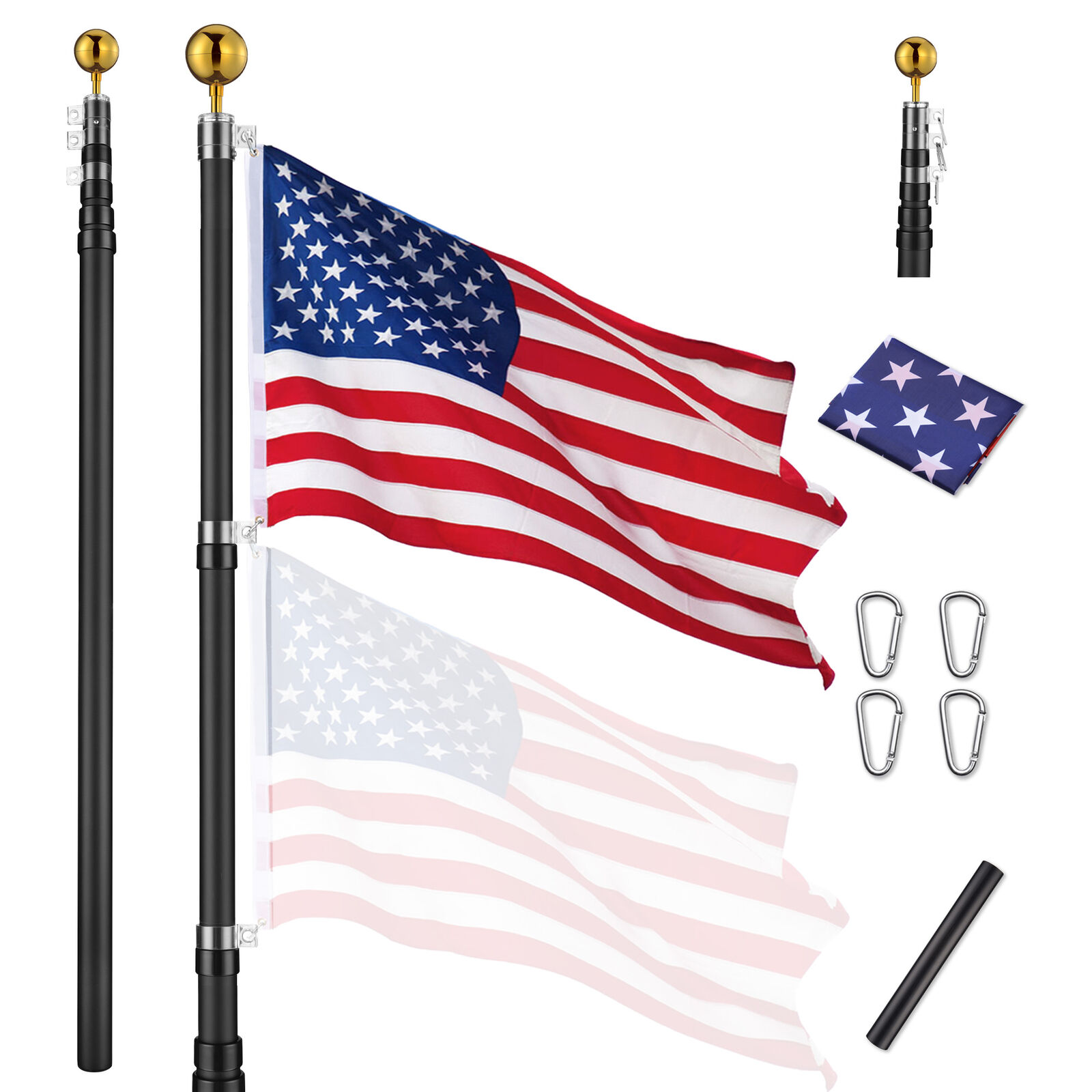 20 Ft Aluminum Telescoping Flag Pole W/ 3x5 American Flag Ball Top ...