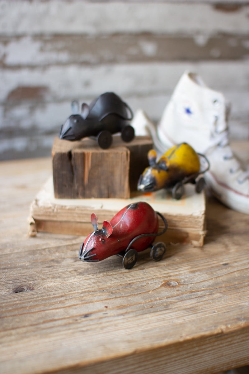 Set/3 Recycled Metal Mice On Wheels - One Each Color - Walmart.com