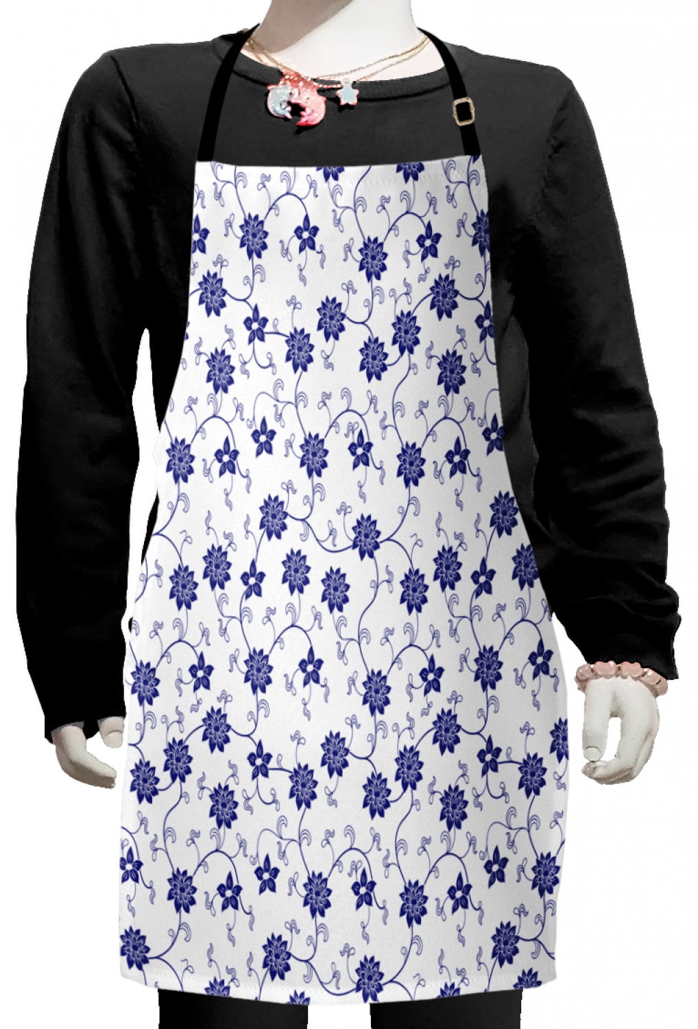 Blue Kids Apron, Hand Drawn Style Chinese Pattern with Flowers Nature ...