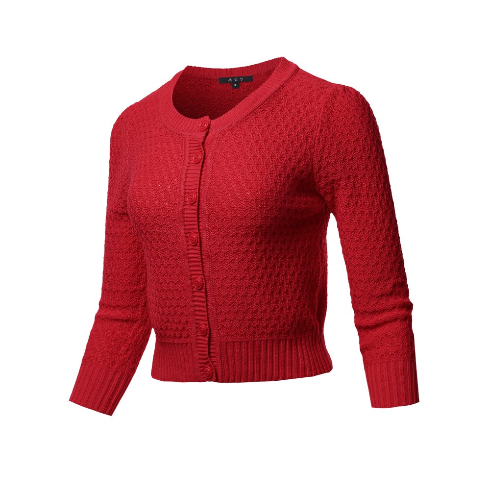 A2y A2y Womens Solid Cropped 3 4 Sleeve Button Down Crew Neck Knit