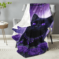 Black Cat with Purple Roses Polyester Flannel Blanket – Soft, Warm ...
