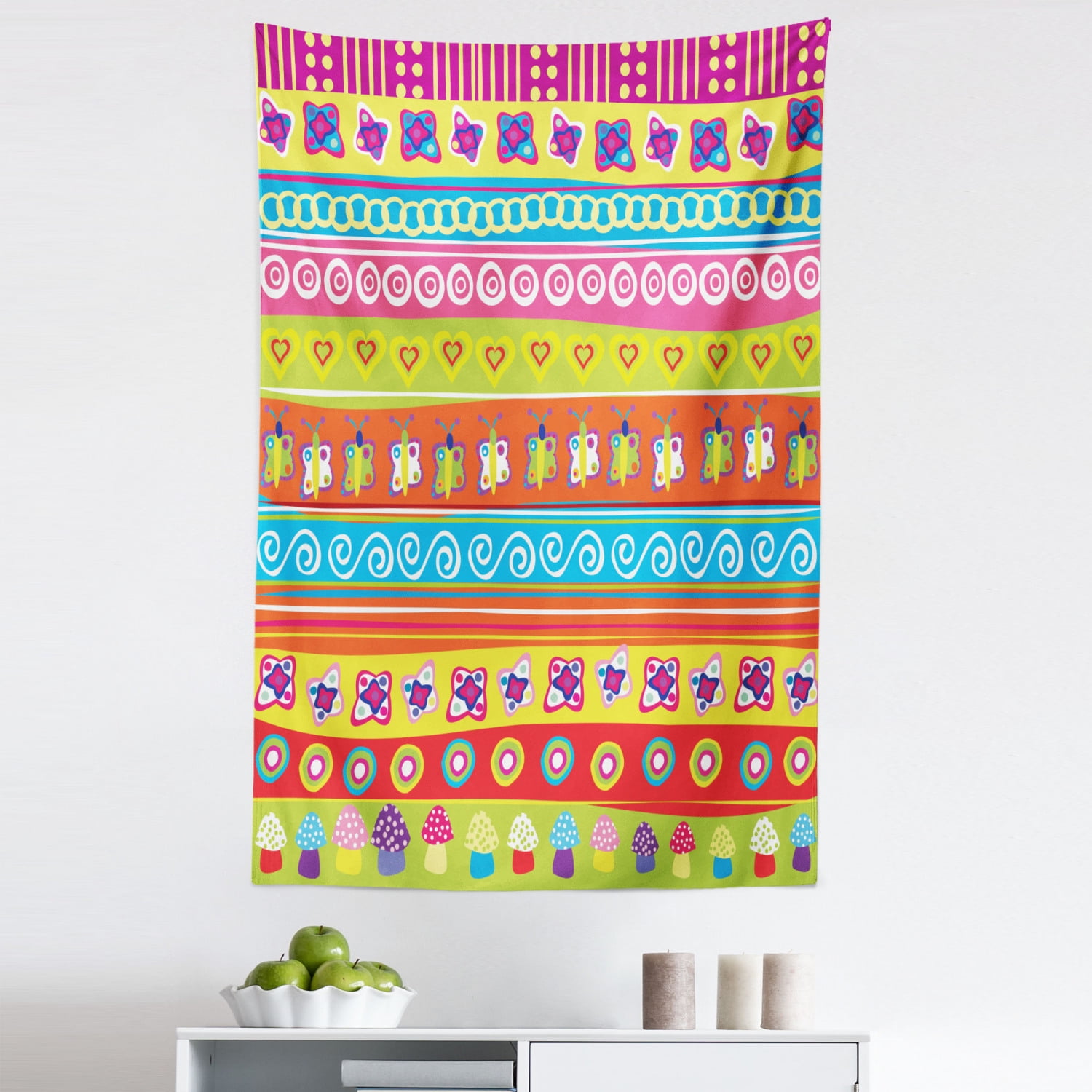 Cartoon Tapestry, Various Doodles with Lines Separating Them Mushrooms ...