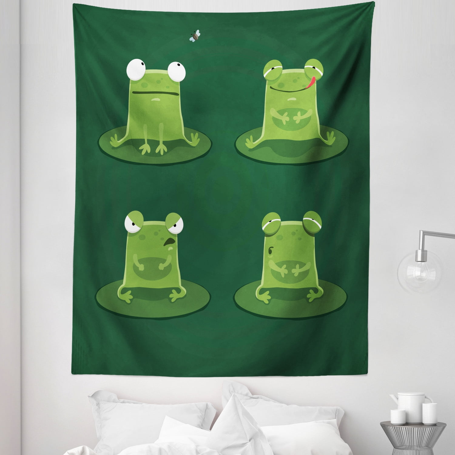Funny Tapestry, Funny Muzzy Frog on Lily Pad in Pond Hunting Tasty Fly ...
