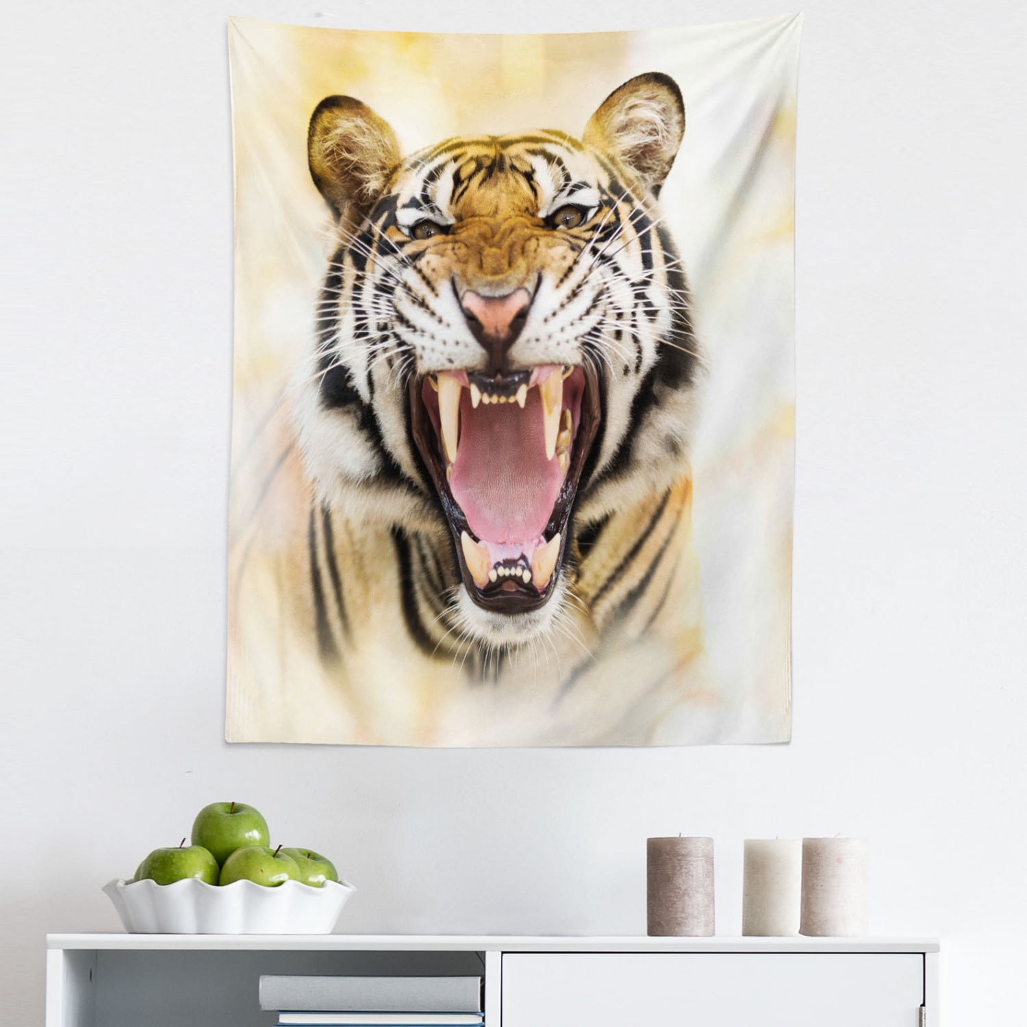 Tiger Tapestry, Young Panthera Tigris Altaica Growling in Angry Manner ...