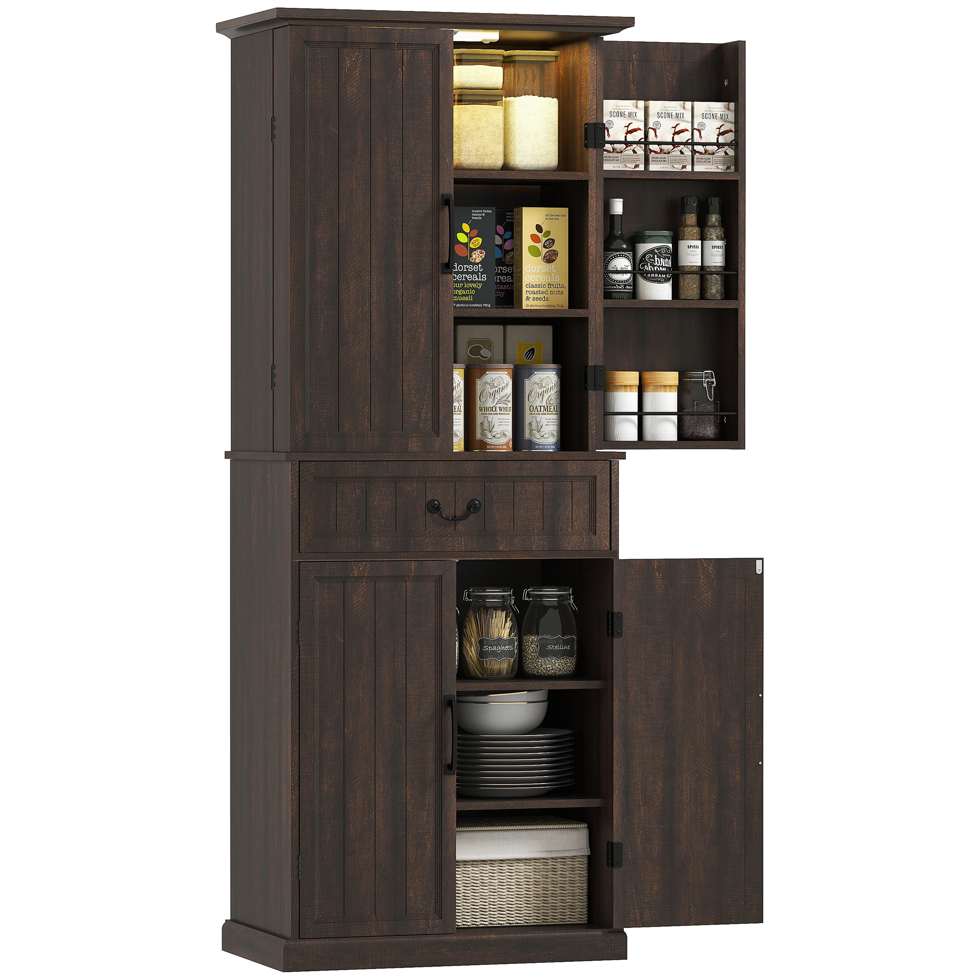 HOMCOM Farmhouse Kitchen Pantry Cabinet with Light, Storage Cabinet ...
