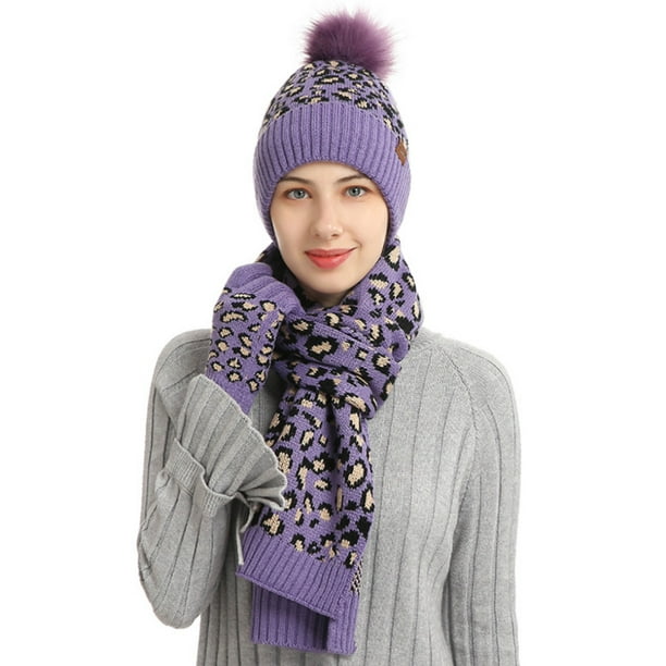 Winter leopard print knit cap Long scarf and touch screen gloves three ...