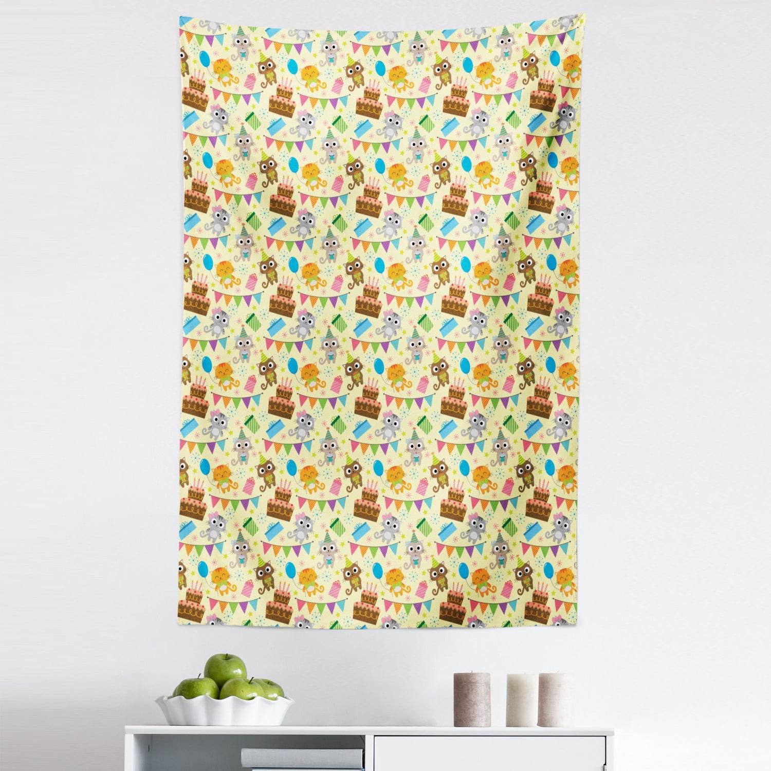 Happy Birthday Tapestry, Cartoon Funny Cats and Party Flags with Stars ...