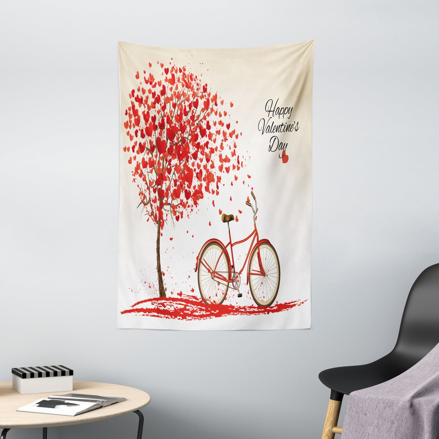 Valentines Day Tapestry, Romantic Tree with Blooming Hearts with Bike ...