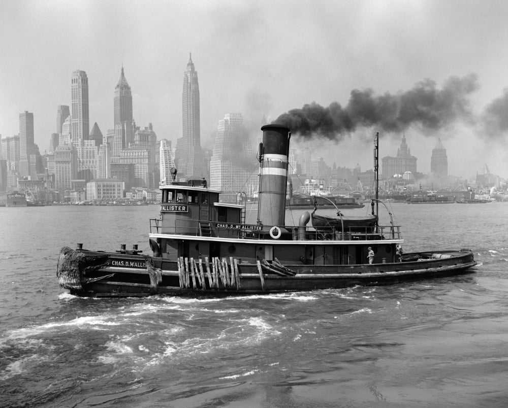 1940s Steam Engine Tugboat On Hudson River With New York City Skyline ...