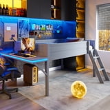 Wood Full Size Solid and Stable Gaming Loft Bed with Desk and Led (Grey ...