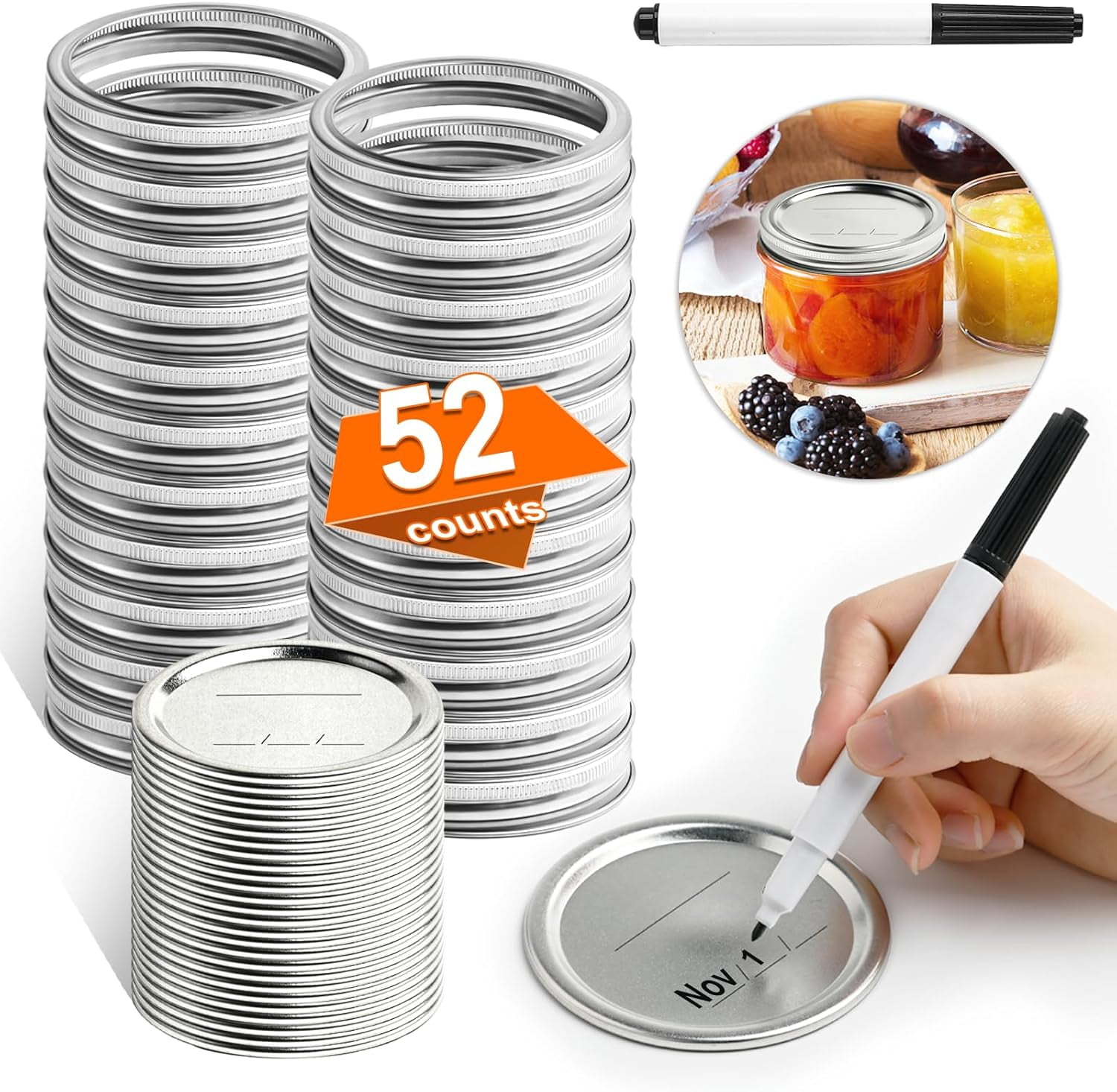 UNERVER 52 PCS Mason Jar Lids and Rings Wide Mouth, Reusable Large ...