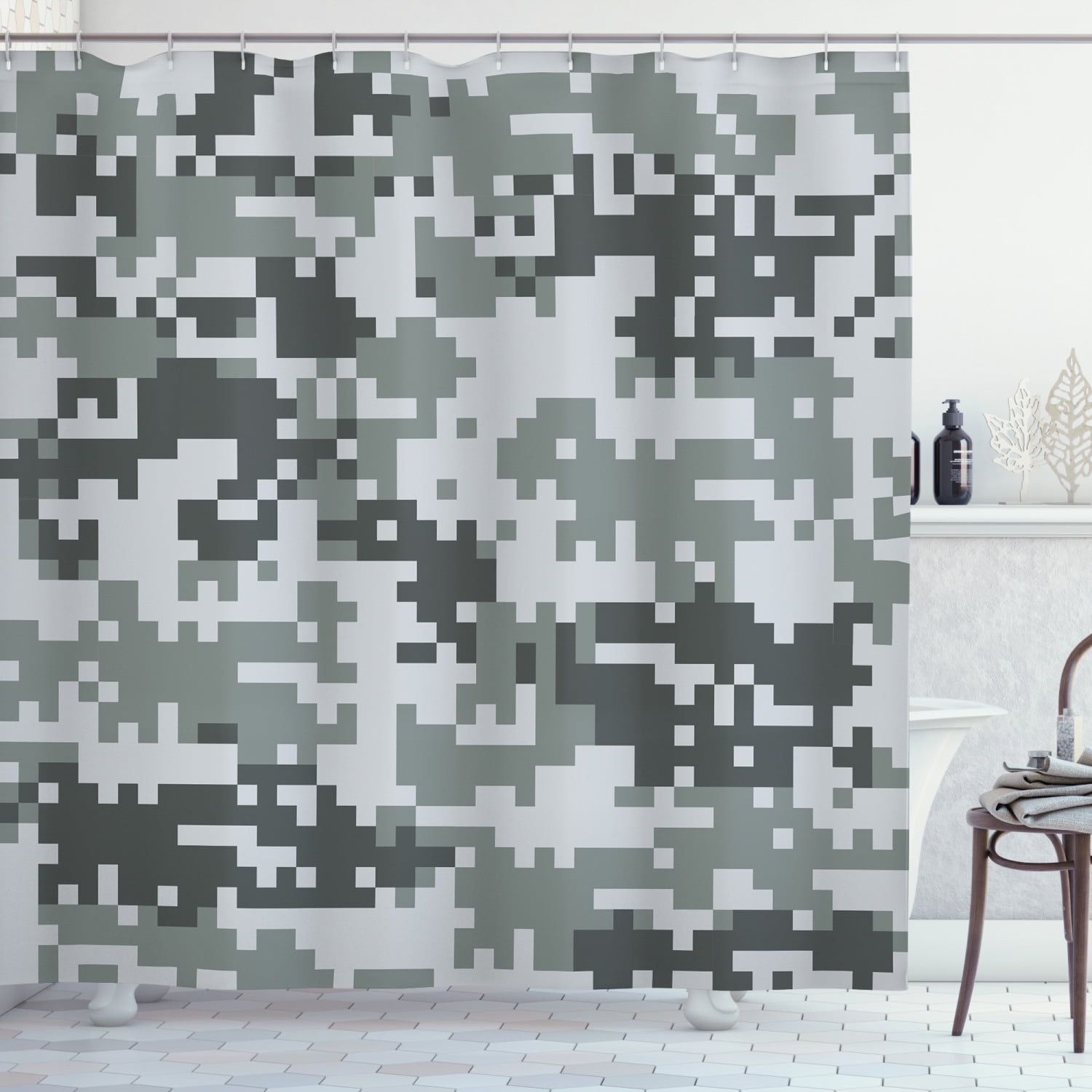 Ambesonne Camo Shower Curtain Pixel Effect Digital Grey 69wx84l