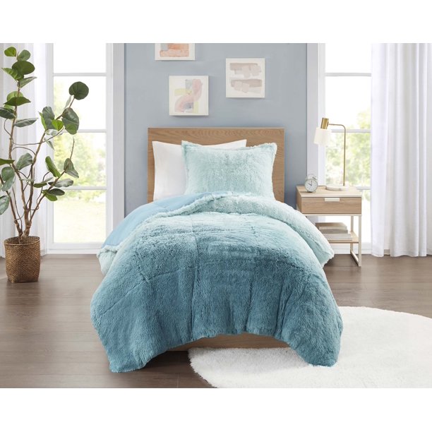 Mainstays Shaggy Faux Fur 2 Piece Teal Comforter Bed Set, Comforter and ...