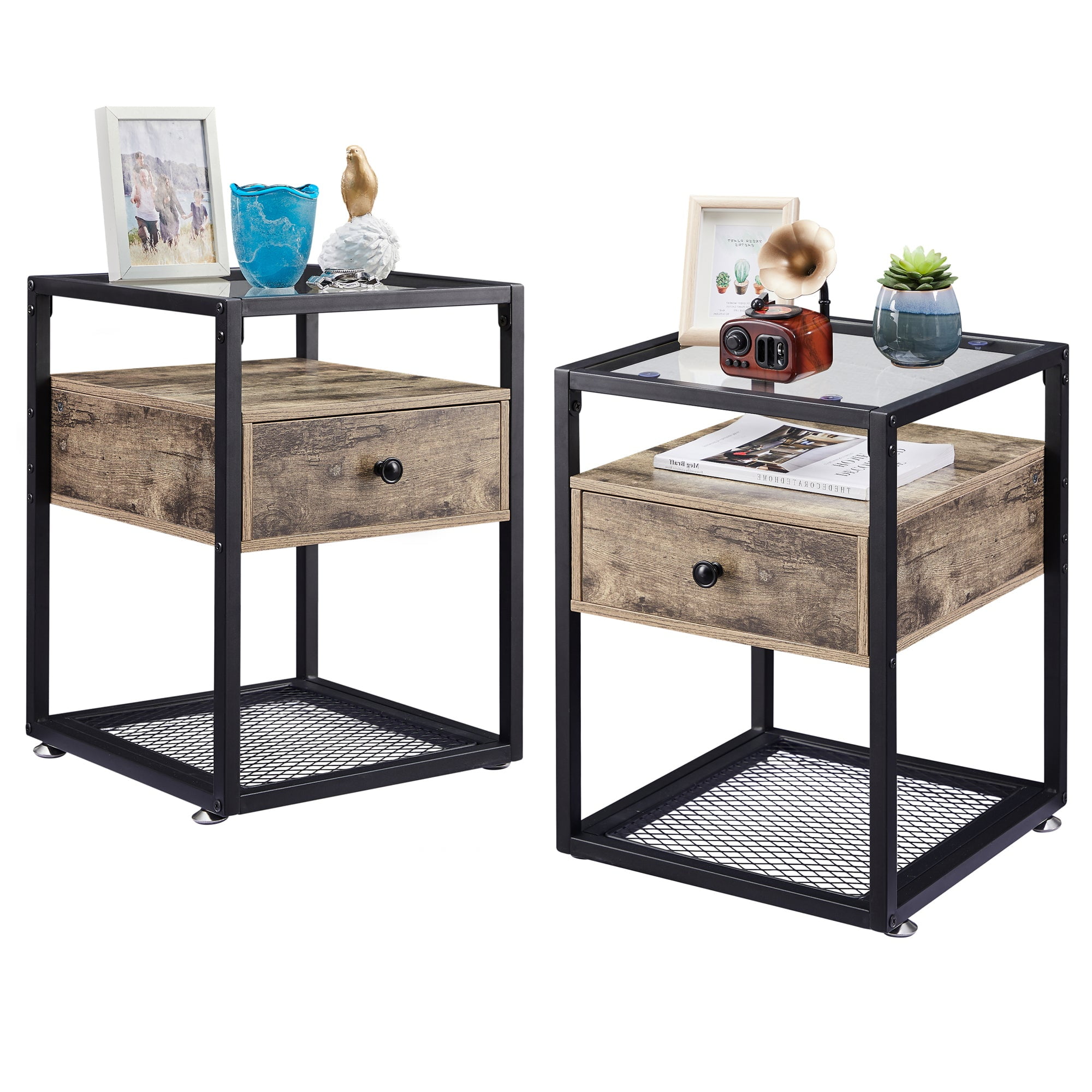 VECELO Set of 2 Nightstand with 1-Drawer, Modern Tempered Glass Top End ...