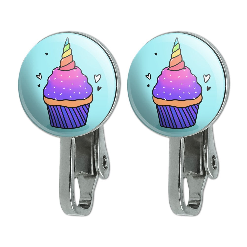 Unicorn Cupcake with Sprinkles Rainbow Novelty Clip-On Stud Earrings ...