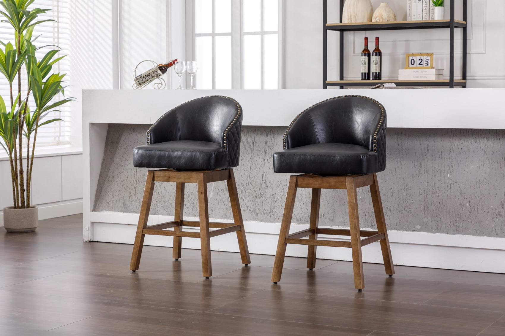 Bar Stools Set of 2, 360 Degree Swivel Dining Chairs with Nailhead ...