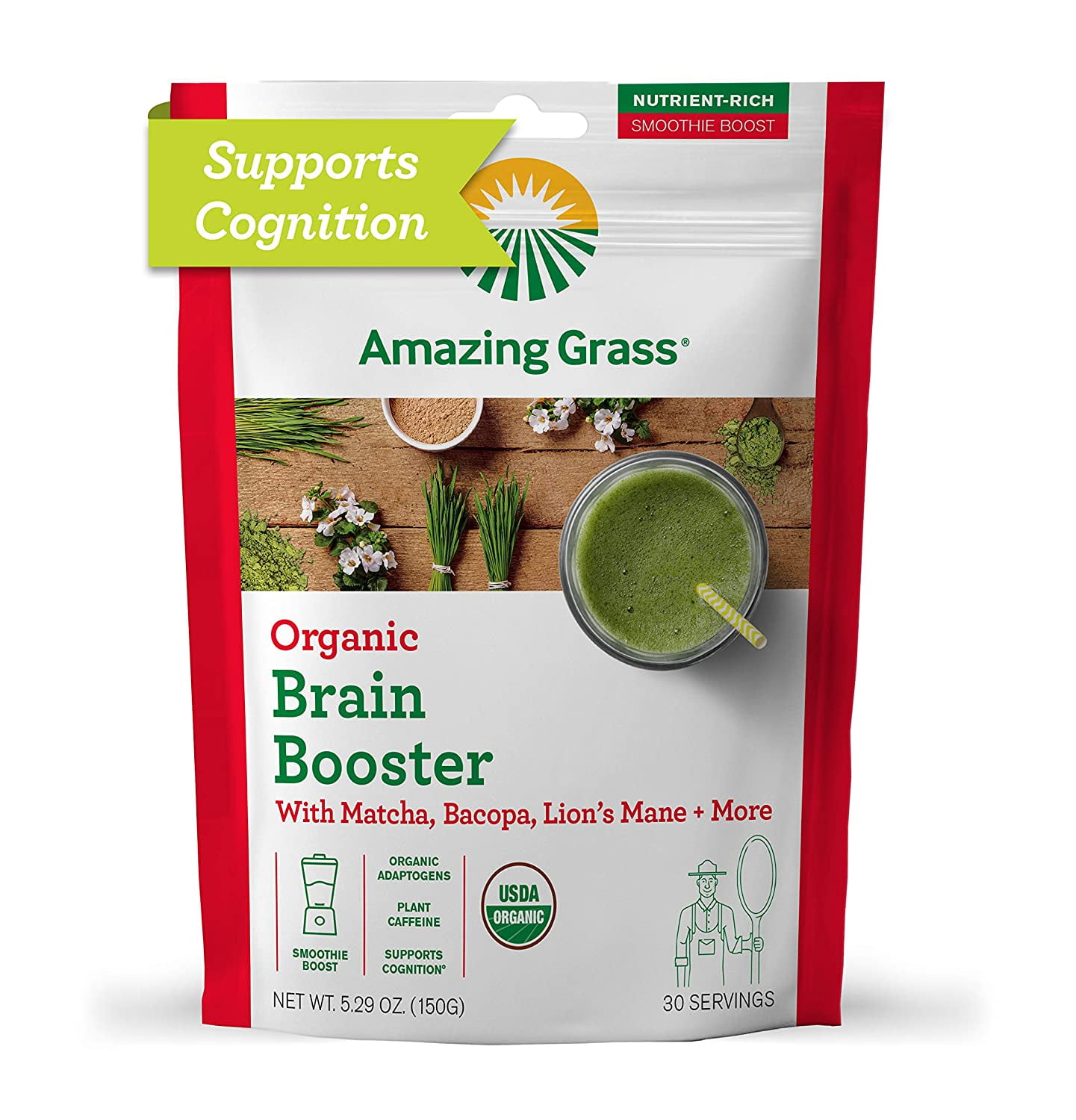 Amazing Grass, Organic Brain Booster with Matcha, Bacopa, & Lion's Mane ...