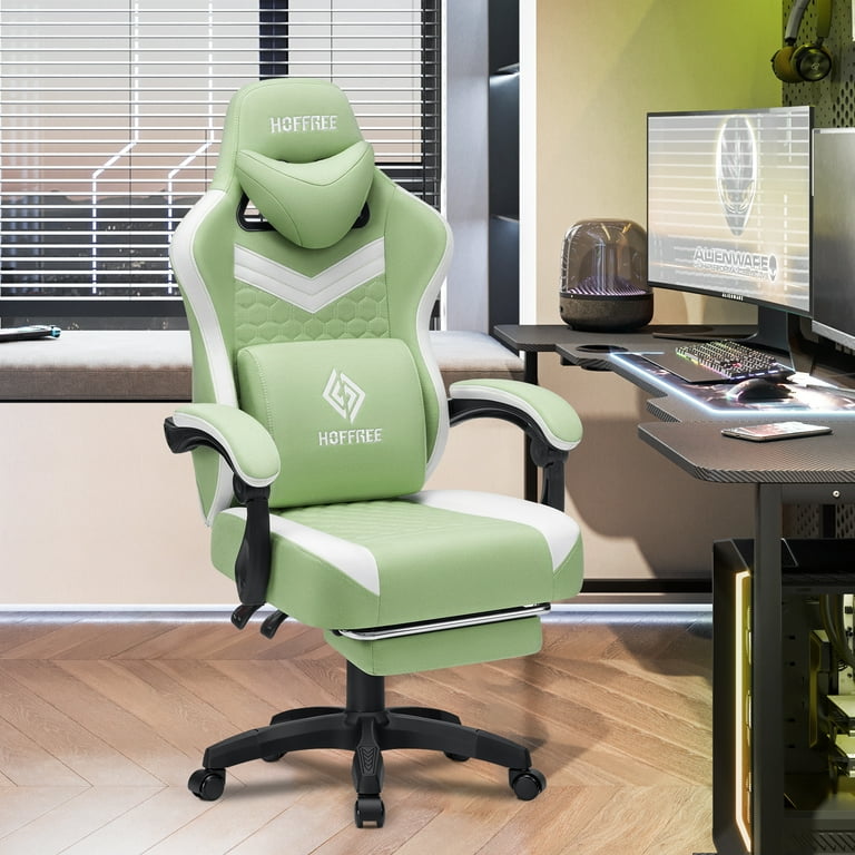 Hoffree Gaming Chair Computer Chair Fabric with Speakers Massage Game Chair with Footrest Bluetooth Ergonomic Gamer Chairs with Lumbar Support