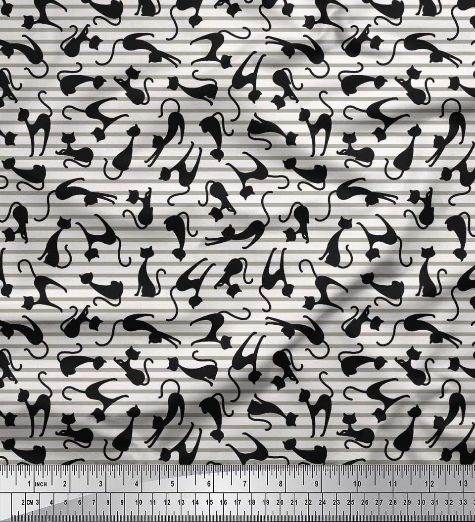 Soimoi Viscose Chiffon Fabric Stripe & Cat Animal Print Fabric by The ...