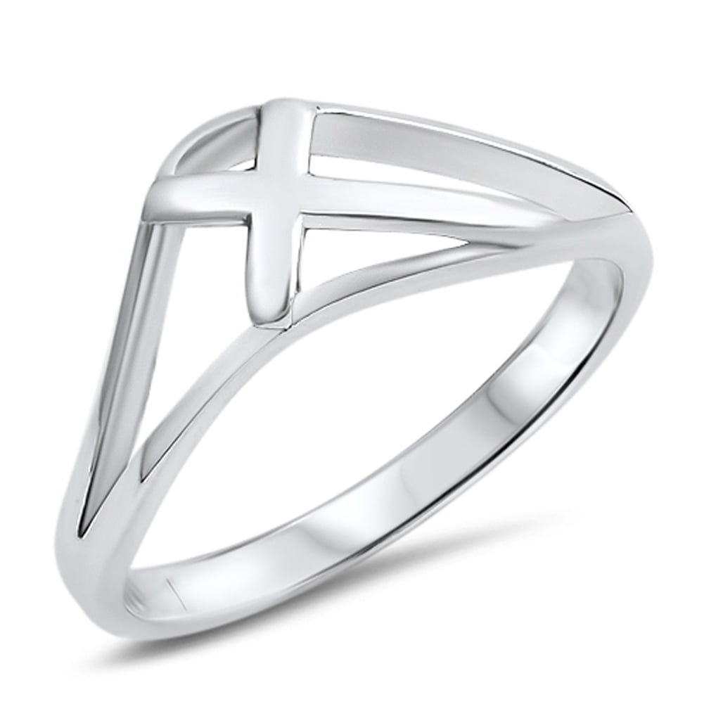 Wave Sideways Cross Christian Purity Ring .925 Sterling Silver Band ...