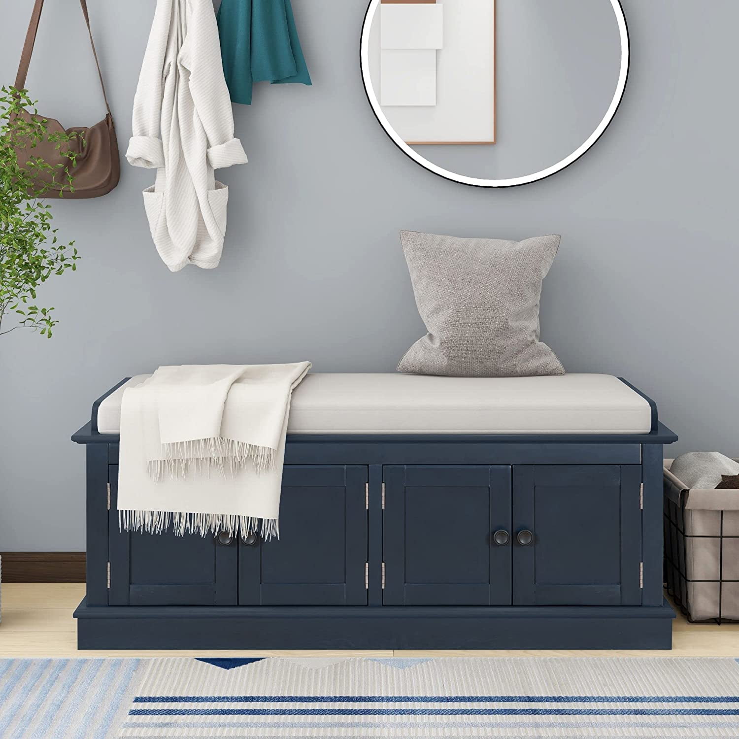 AngLink Storage Bench Entryway Bench with Cushion and Cabinet ...