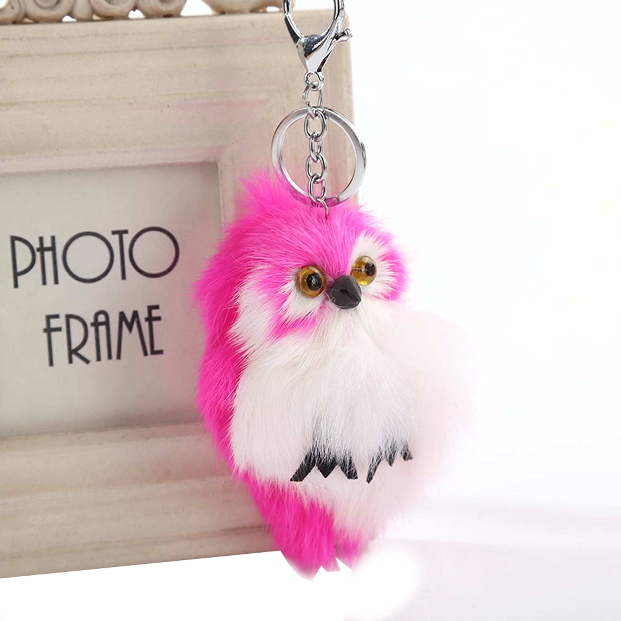 Pink Owl Key Chain Fluffy Plush Bird Key Ring Purse Handbag Flux Fur ...