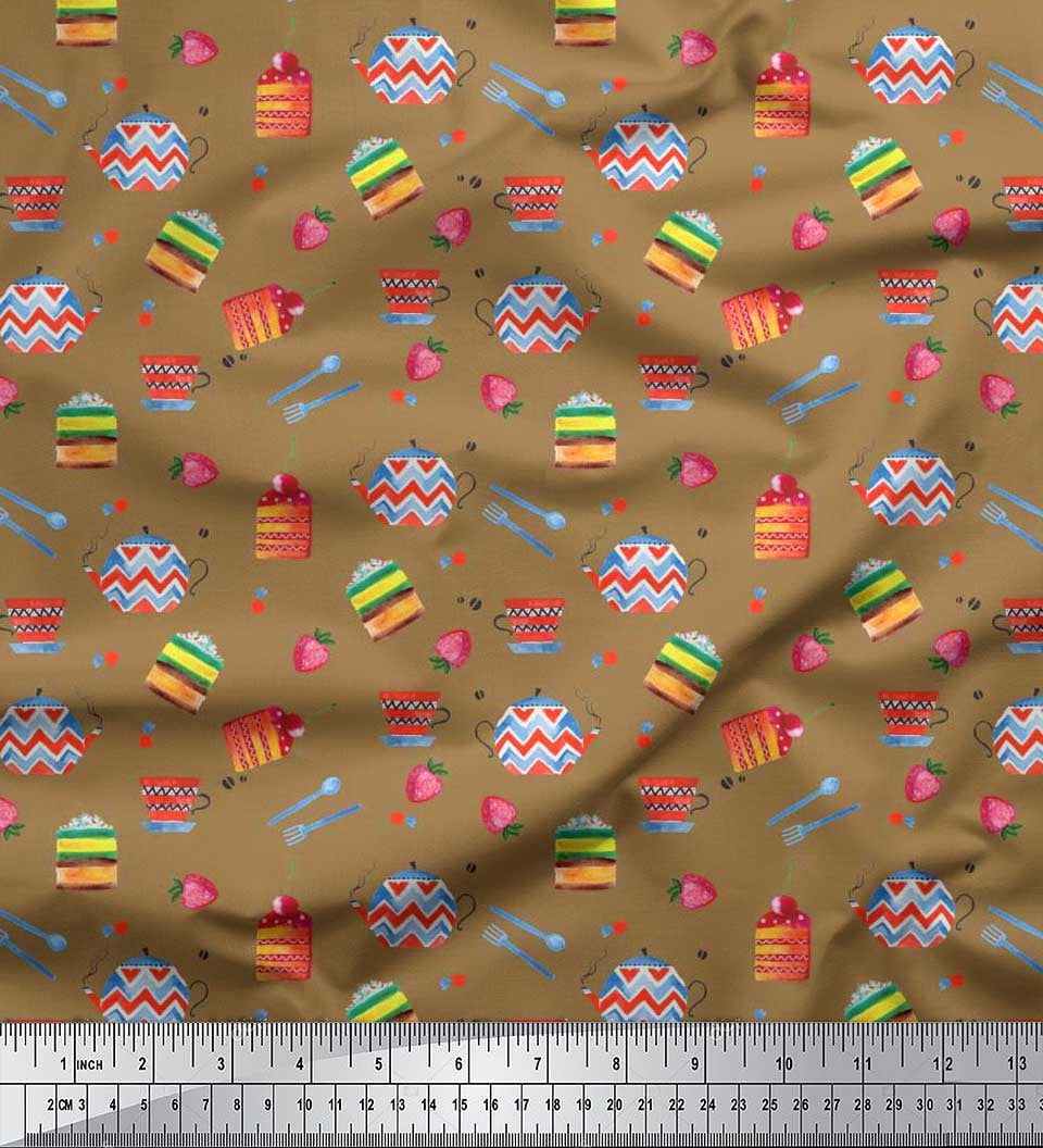 Soimoi Silk Fabric Cup,Kettle & Cake Slice Food Print Fabric by Yard 42 ...