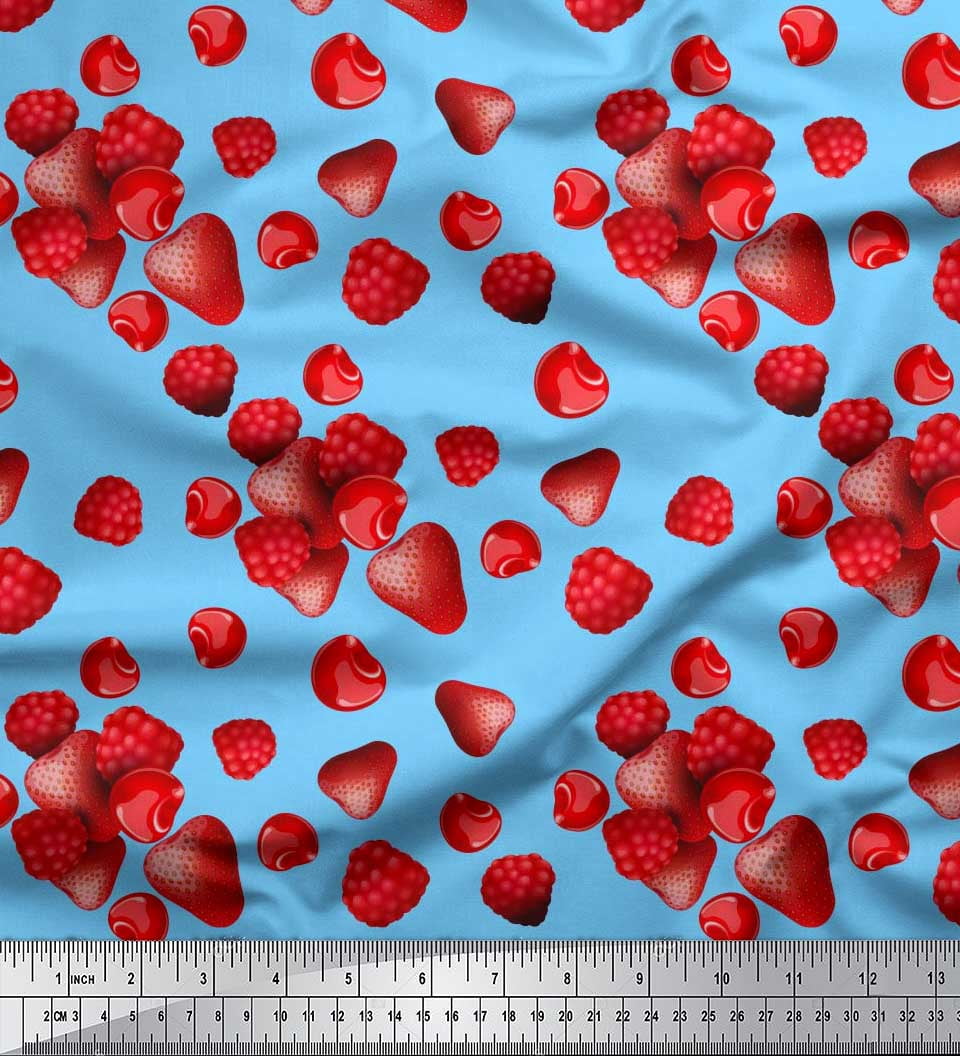 Soimoi Silk Fabric Raspberry,Strawberry & Cherry Fruits Print Fabric by ...