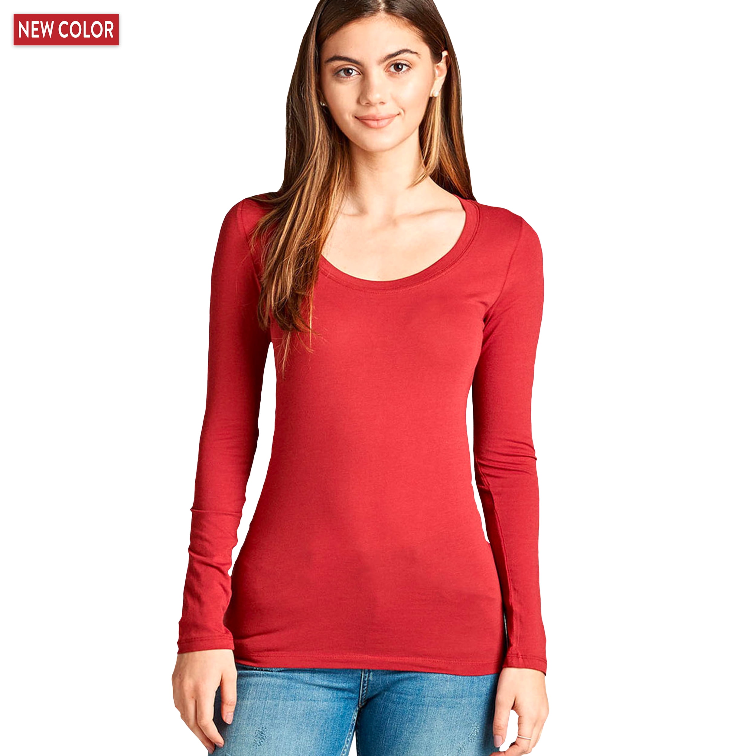 Womens Long Sleeve Scoop Neck Fitted Cotton Top Basic T Shirts Plus