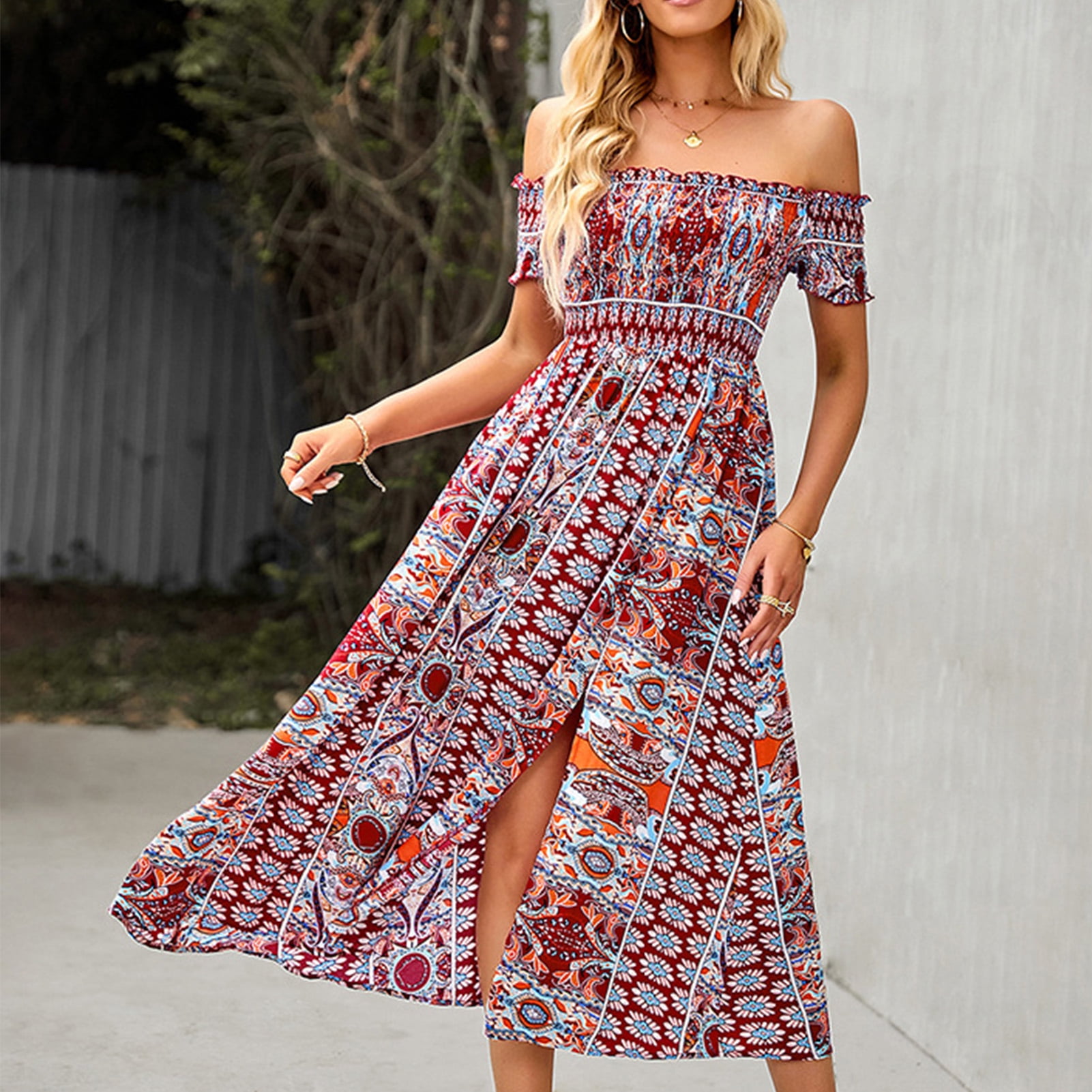 One Piece Off Shoulder Dress Off Shoulder Slit Long Dress Woman One ...